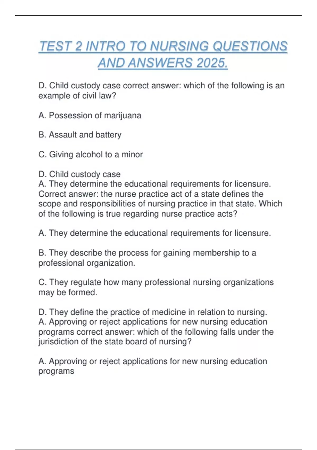 TEST 2 INTRO TO NURSING QUESTIONS AND ANSWERS 2025. - RNNCLEX - Stuvia US