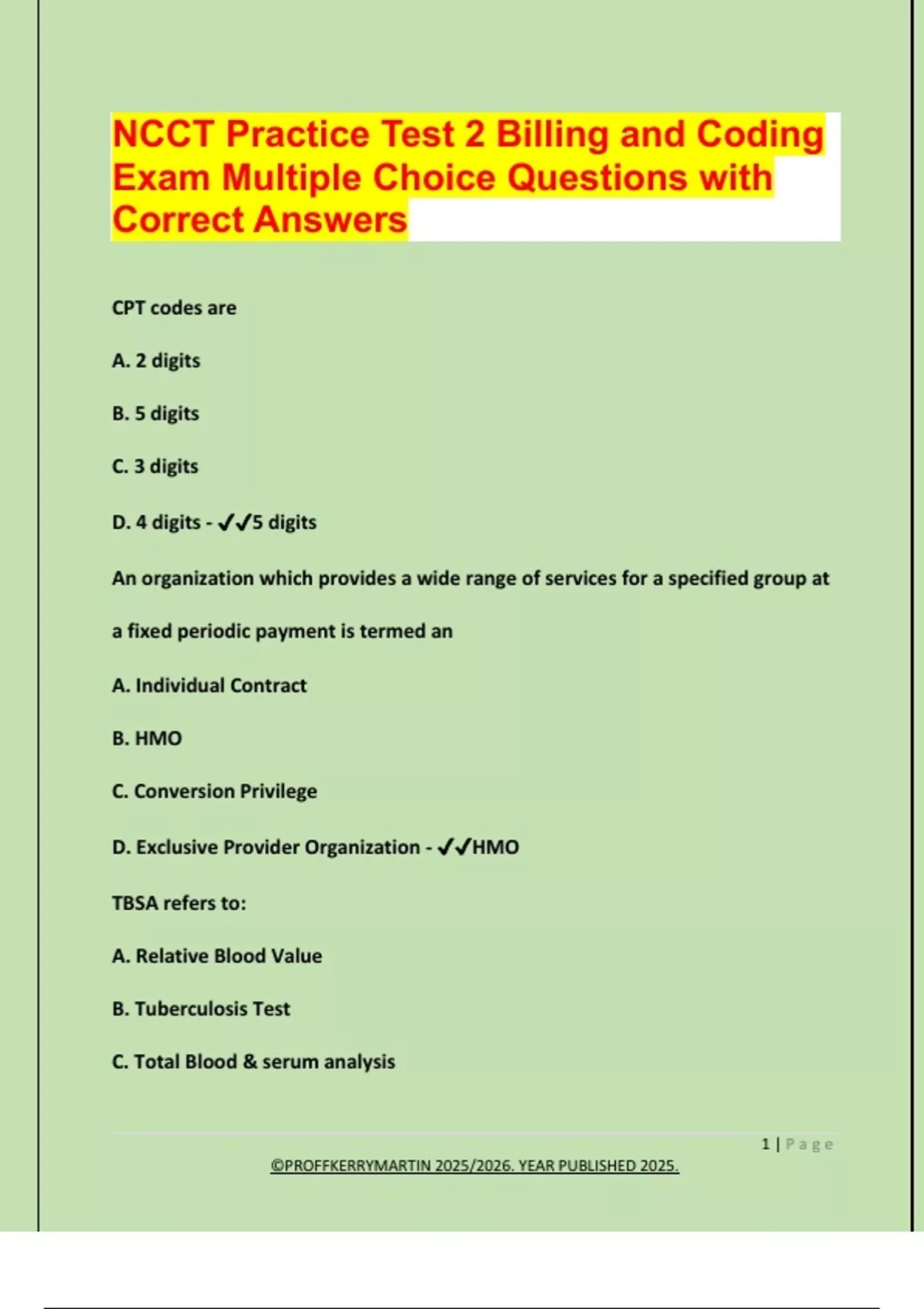 NCCT Practice Test 2 Billing and Coding Exam Multiple Choice Questions ...