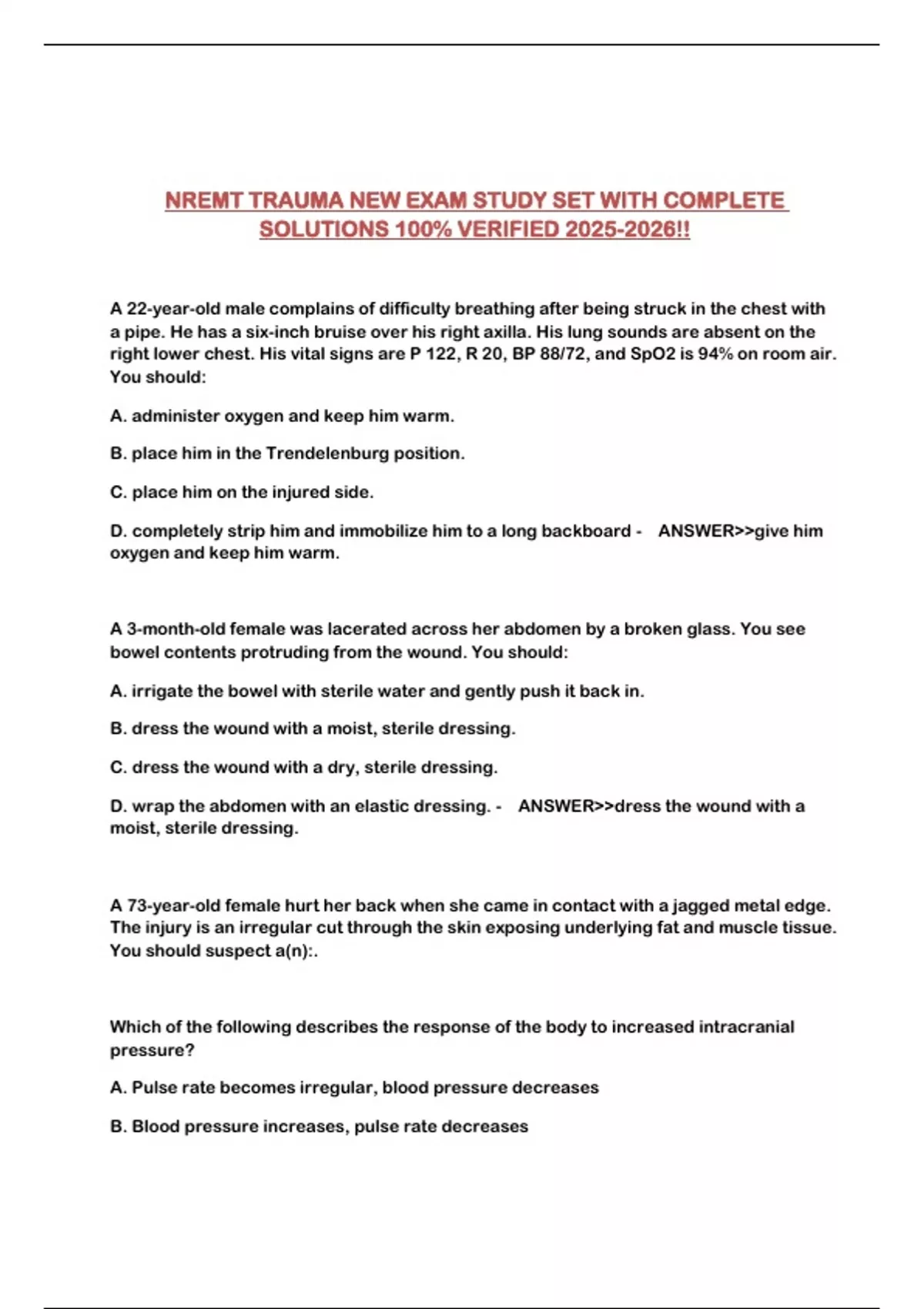 NREMT TRAUMA NEW EXAM STUDY SET WITH COMPLETE SOLUTIONS 100% VERIFIED ...