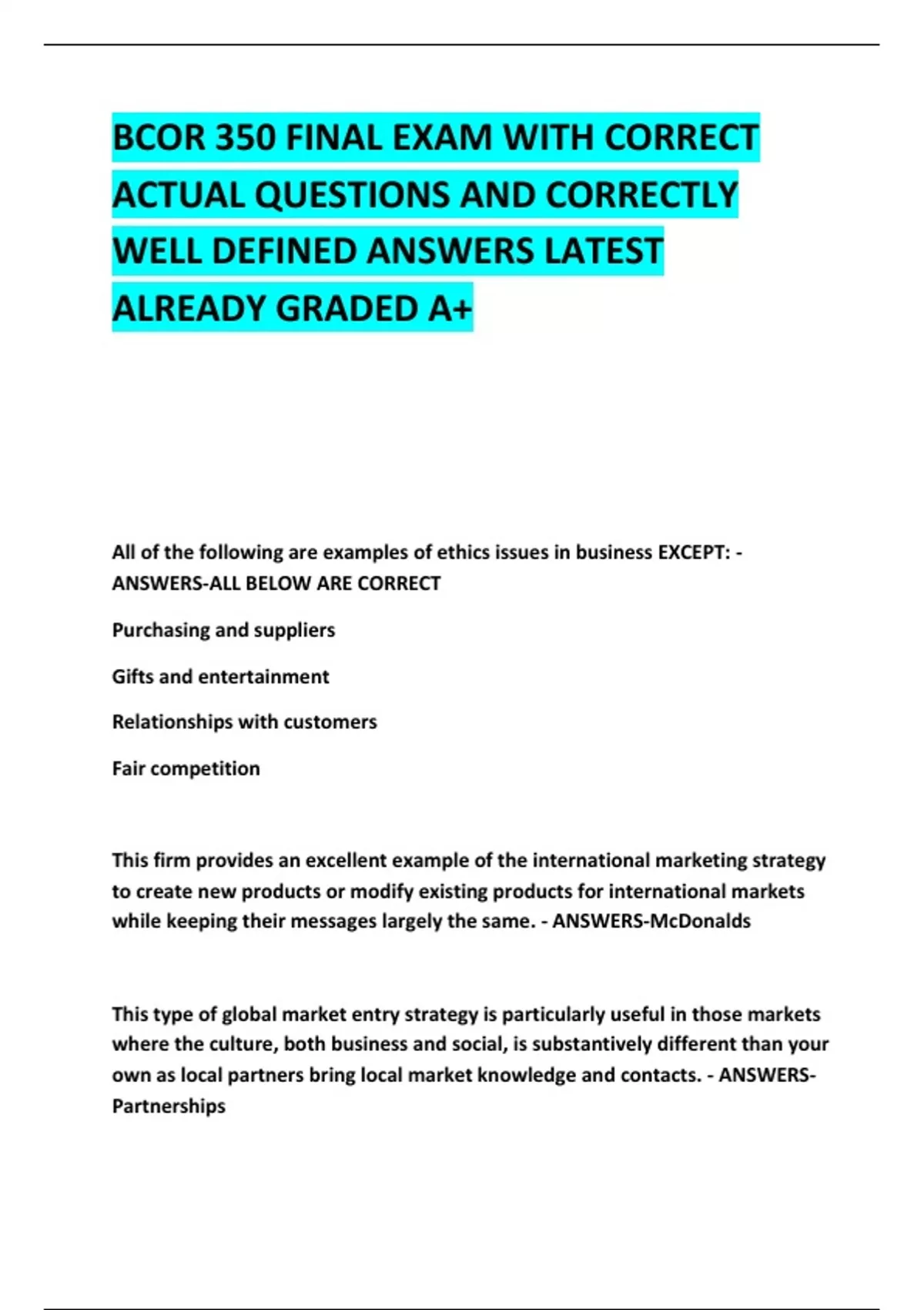 BCOR 350 FINAL EXAM WITH CORRECT ACTUAL QUESTIONS AND CORRECTLY WELL ...