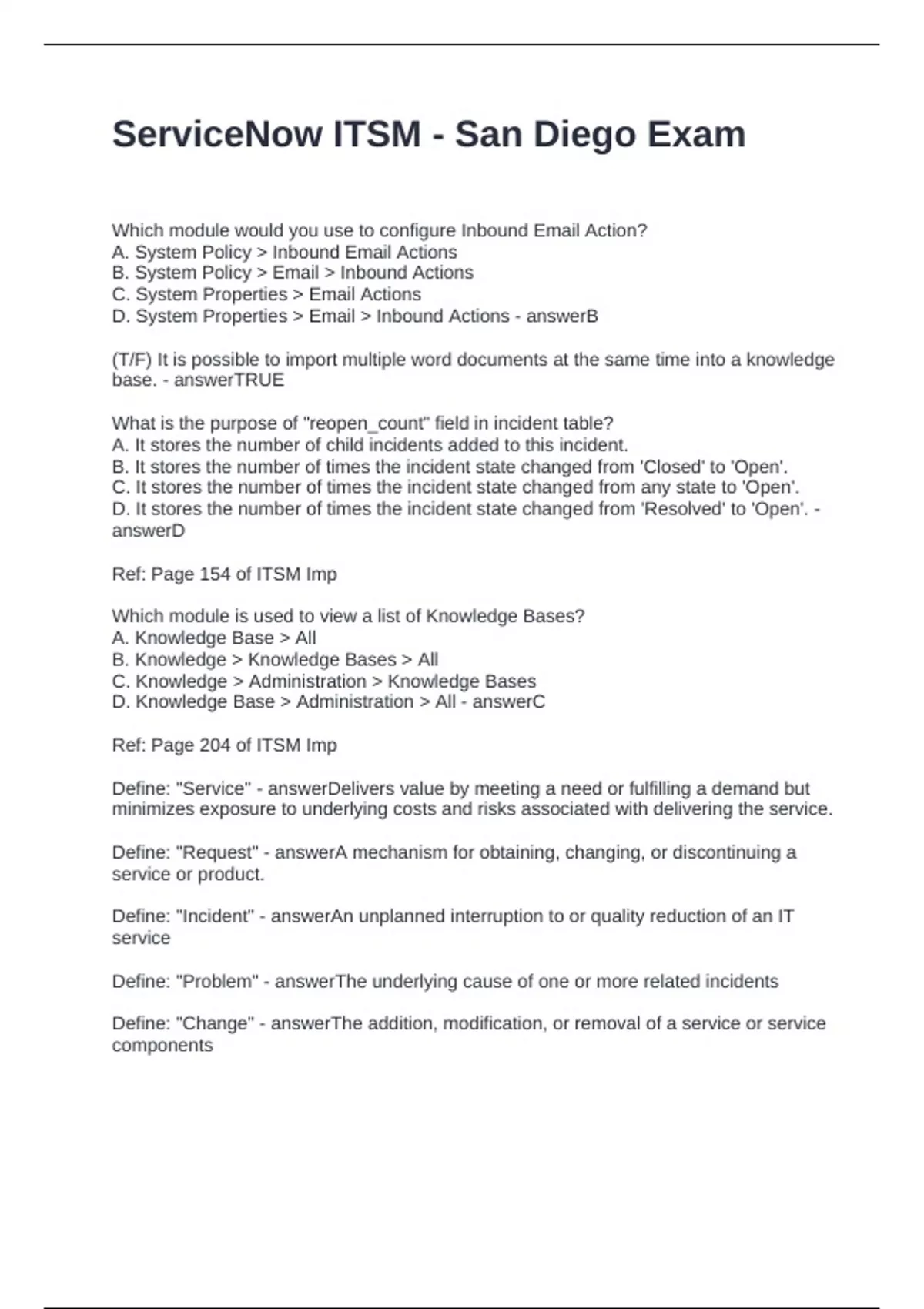 ServiceNow ITSM - San Diego Exam Questions and Answers 100% Correct ...