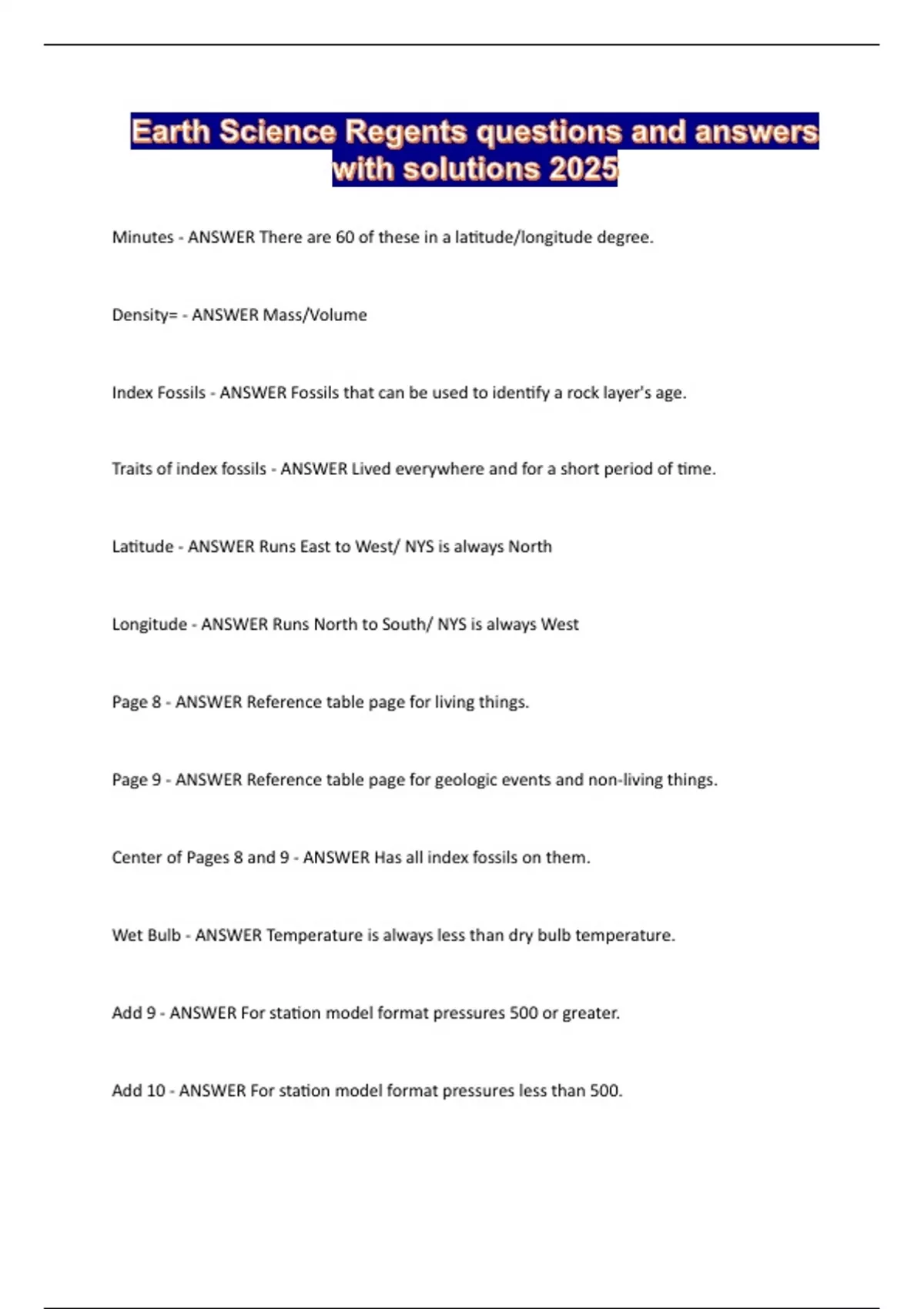 Earth Science Regents questions and answers with solutions 2025 - NY ...