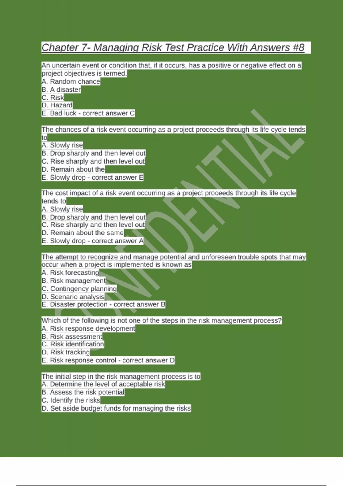 Chapter 7- Managing Risk Test Practice With Answers -8 - Individual ...
