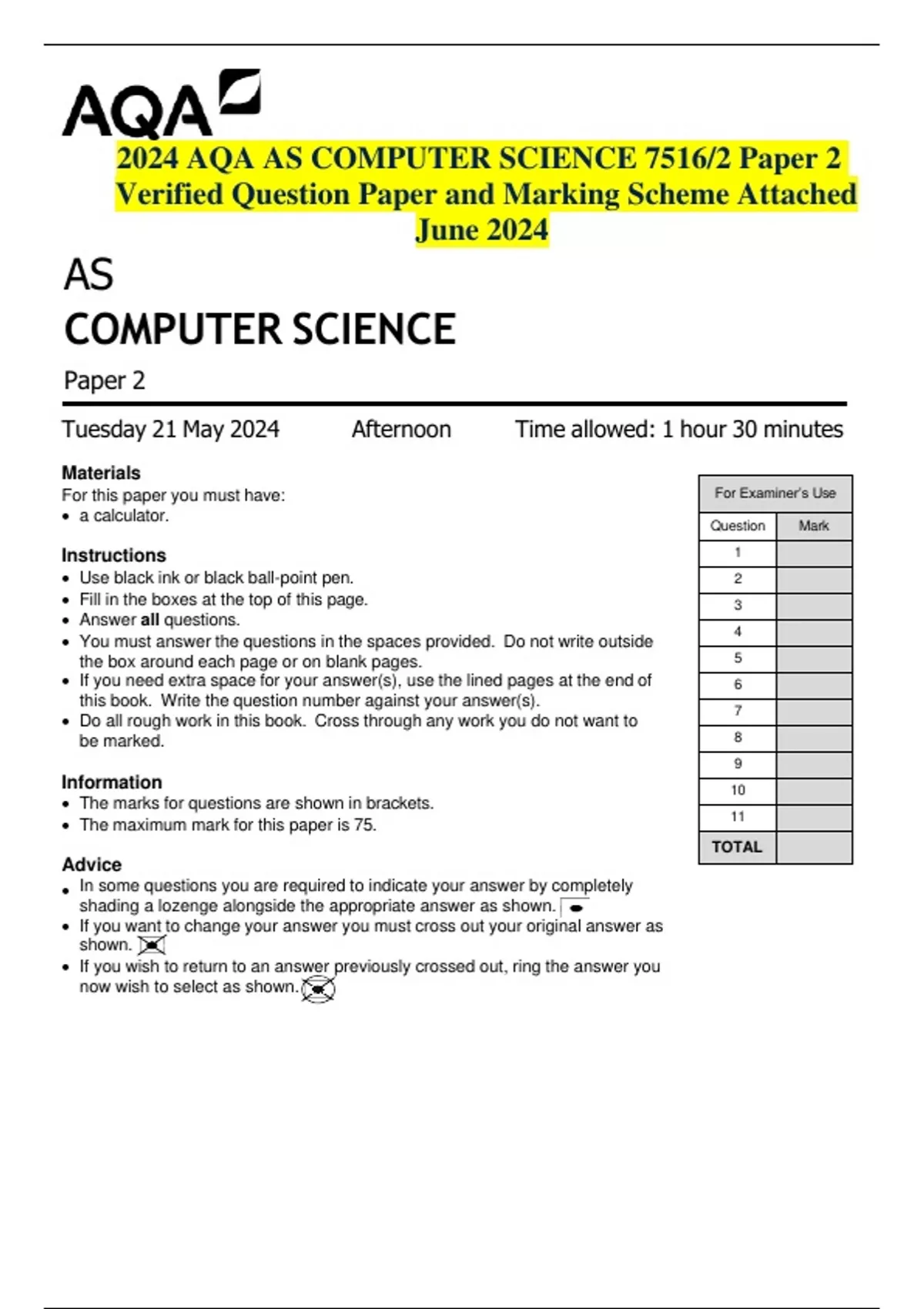2024 AQA AS COMPUTER SCIENCE 7516/2 Paper 2 Verified Question Paper and Marking Scheme Attached ...