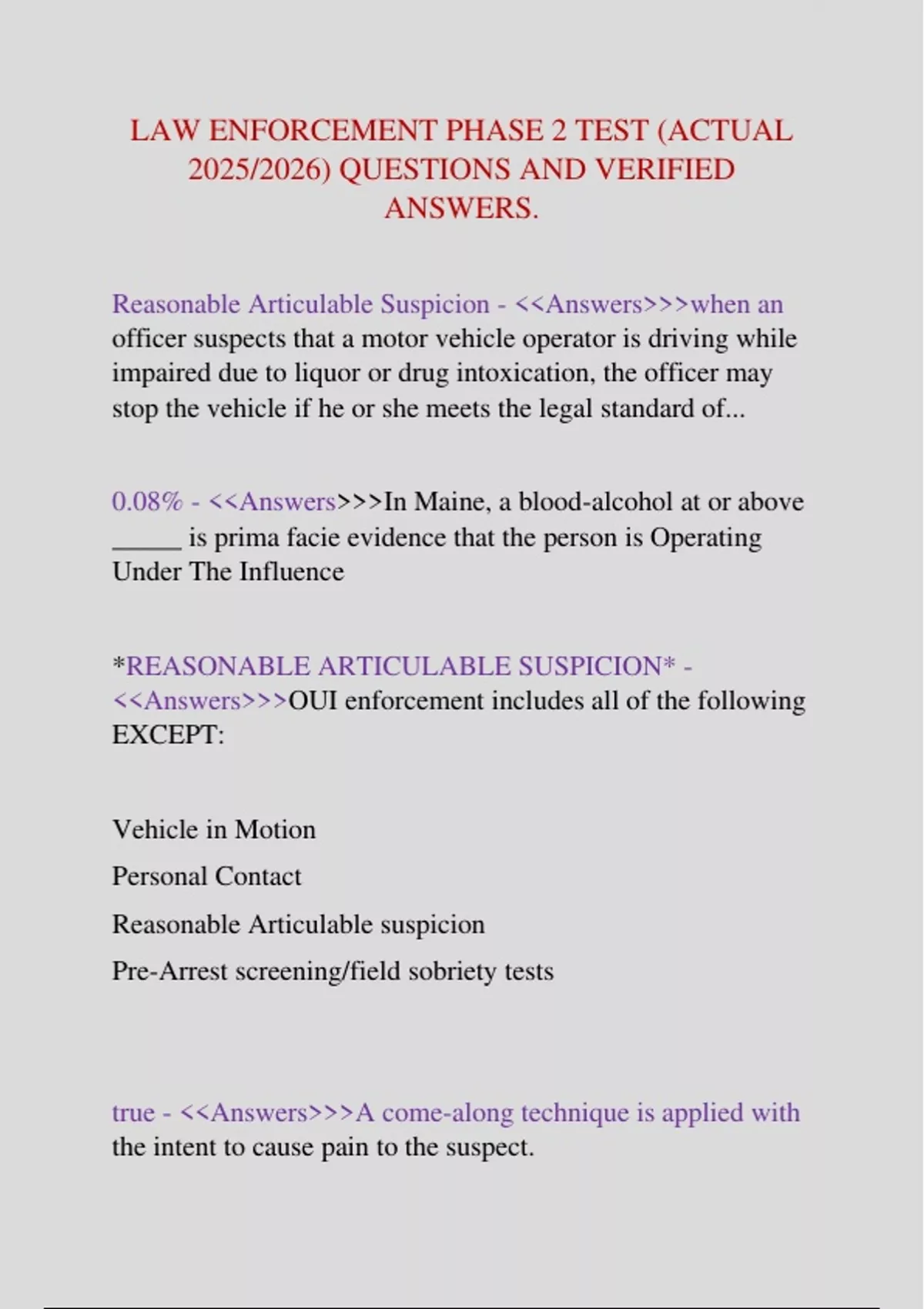 LAW ENFORCEMENT PHASE 2 TEST (ACTUAL 2025/2026) QUESTIONS AND VERIFIED ...