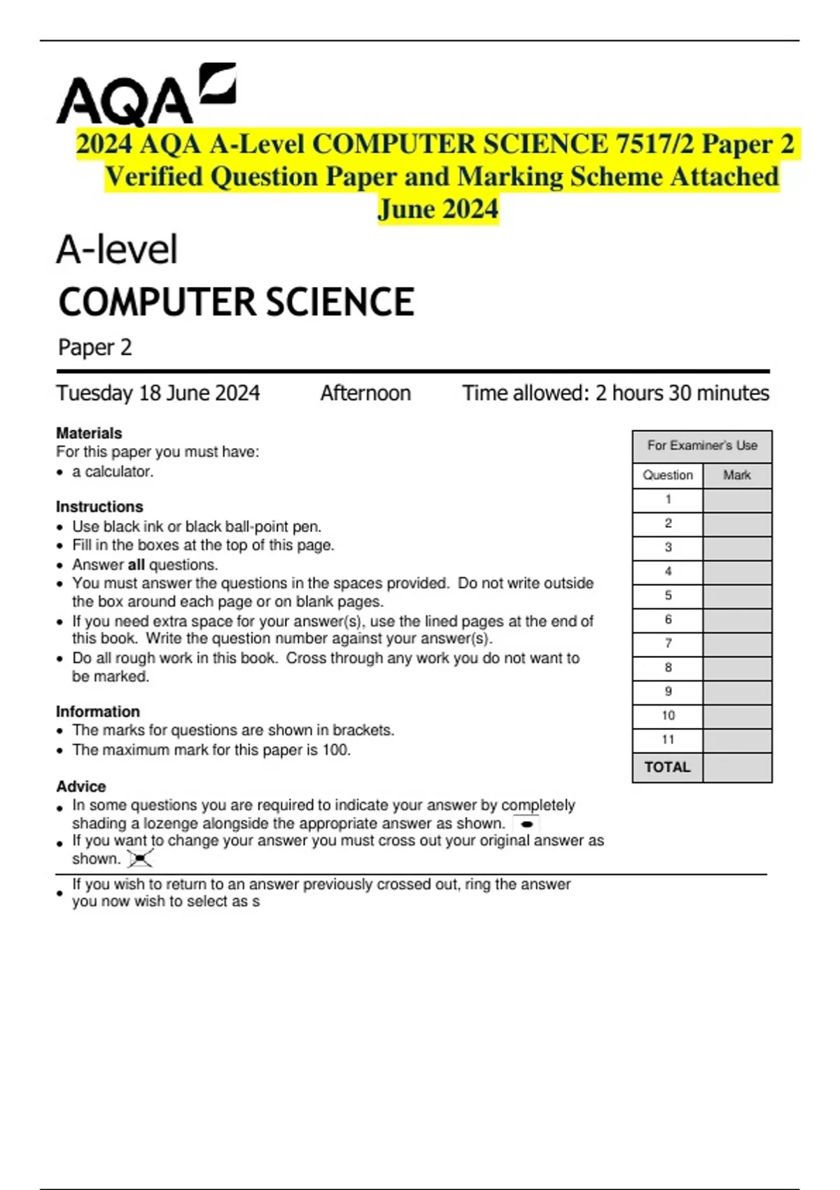 2024 AQA A-Level COMPUTER SCIENCE 7517/2 Paper 2 Verified Question Paper and Marking Scheme ...