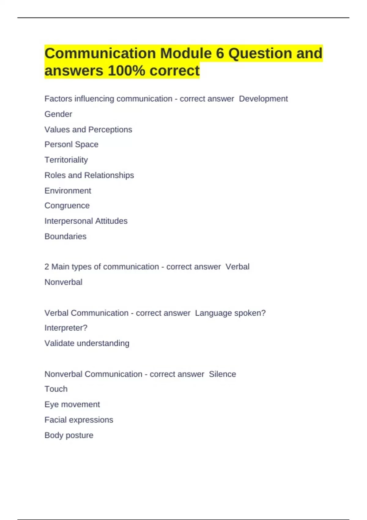 Communication Module 6 Question and answers 100% correct - INTERPERSONAL COMMUNICATION - Stuvia US