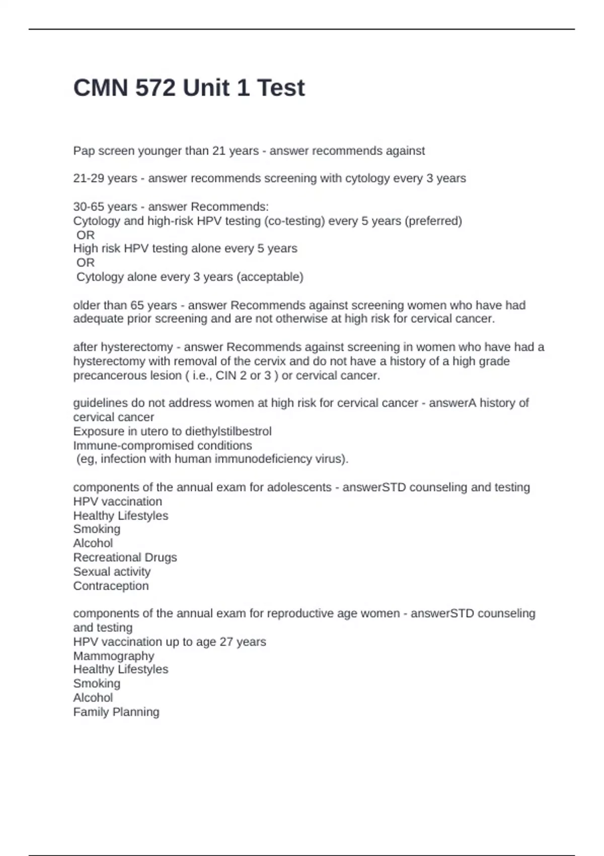 CMN 572 Unit 1 Test Questions and Answers - CMN 572 - Stuvia US