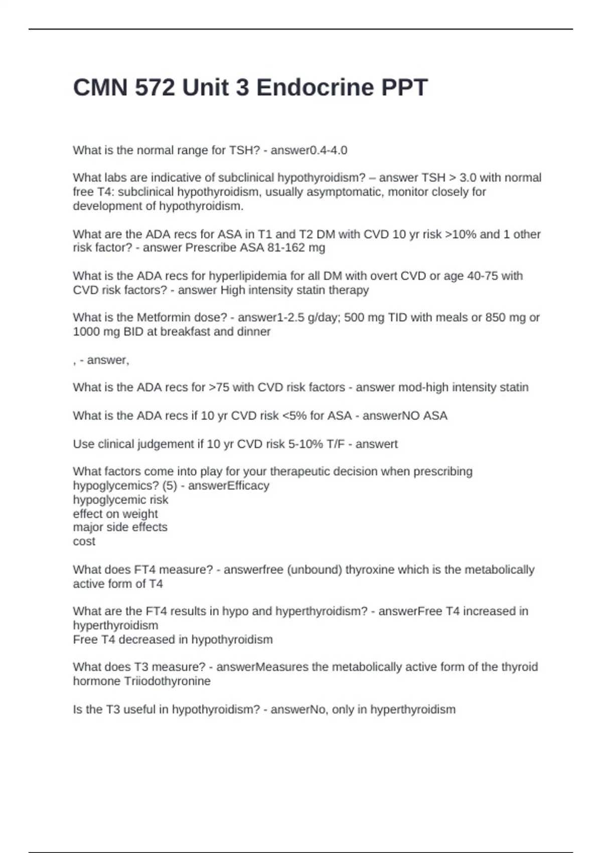 CMN 572 Unit 3 Endocrine PPT Questions and Answers - CMN 572 - Stuvia US