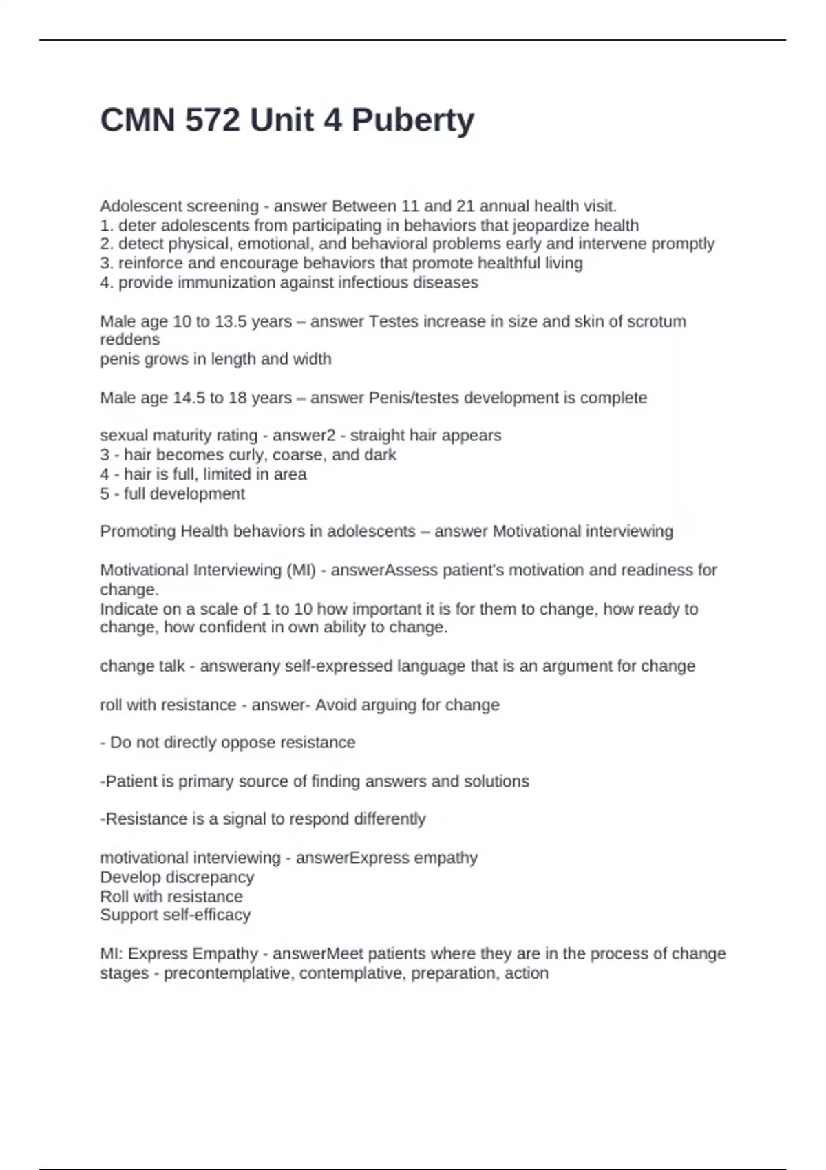 CMN 572 Unit 4 Puberty Questions with Solutions - CMN 572 - Stuvia US