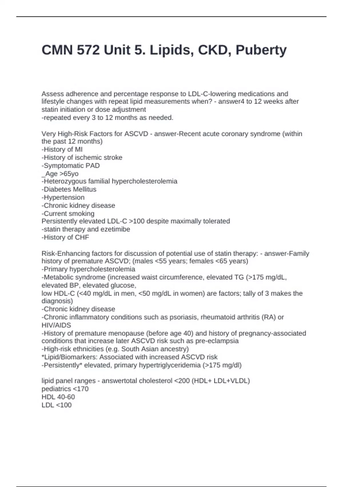 CMN 572 Unit 5. Lipids, CKD, Puberty. Questions and Answers - CMN 572 ...
