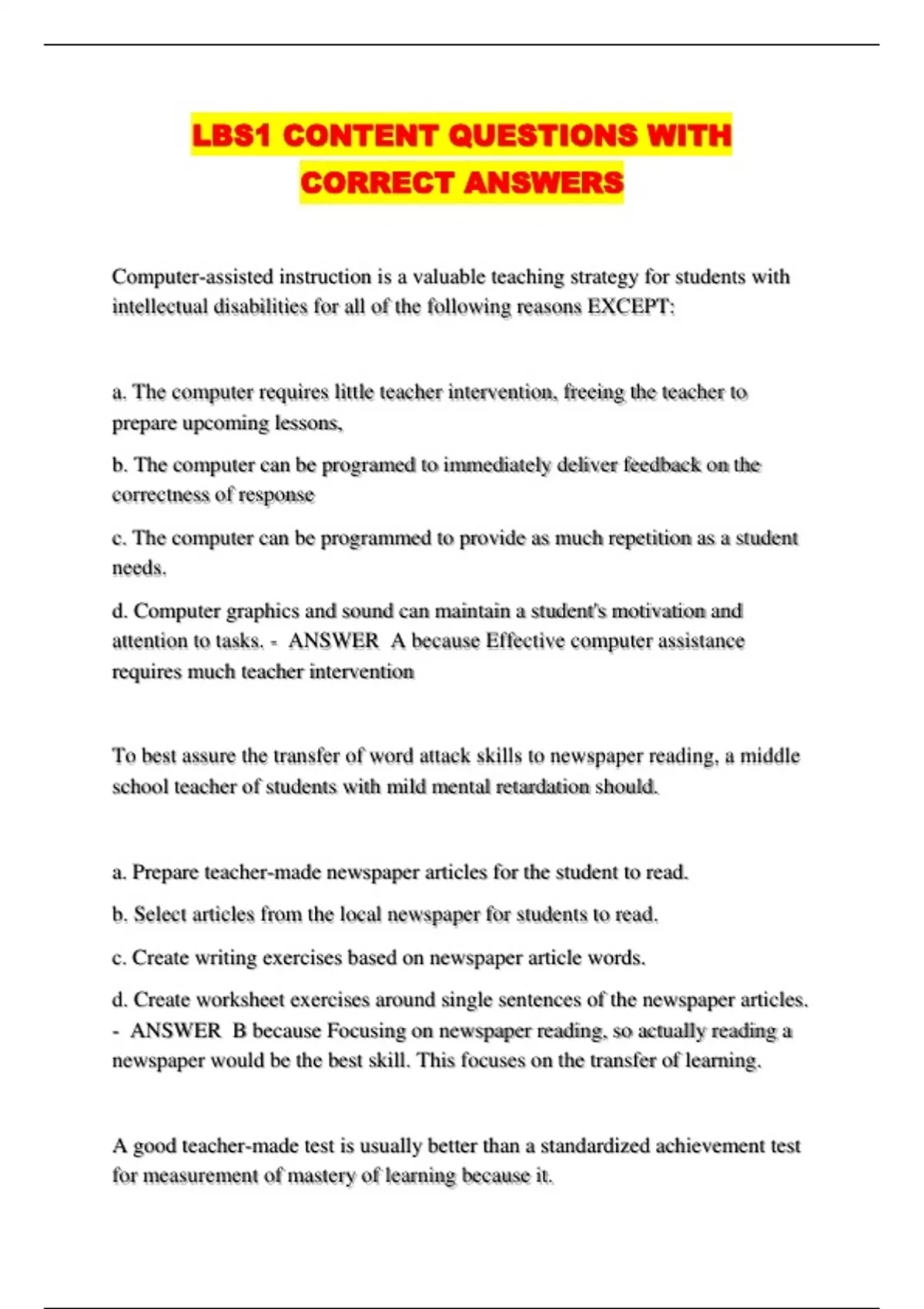 LBS1 CONTENT QUESTIONS WITH CORRECT ANSWERS - LBS1 CONTENT - Stuvia US