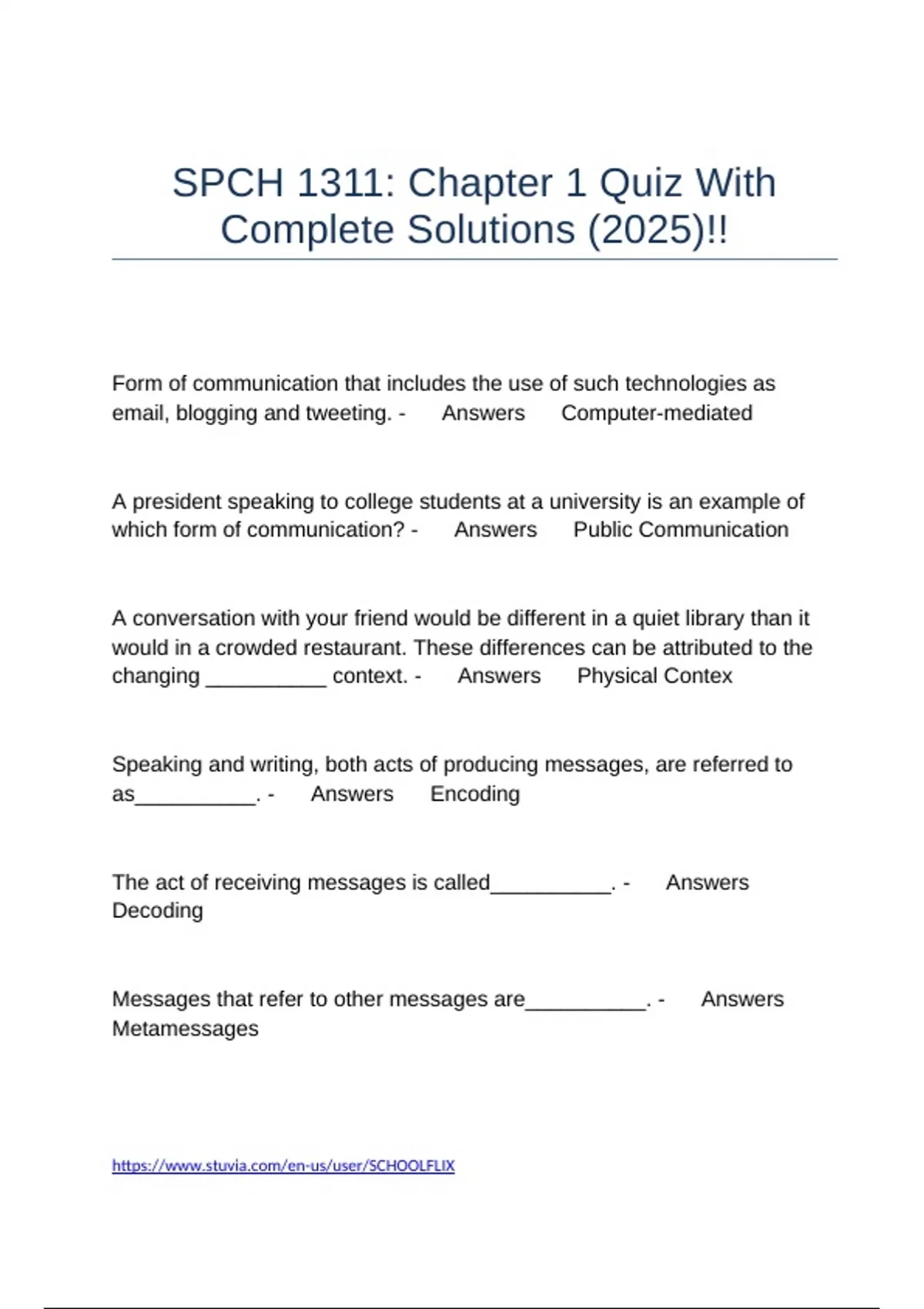 SPCH 1311 Chapter 1 Quiz With Complete Solutions (2025)!! - SPCH 1311 ...