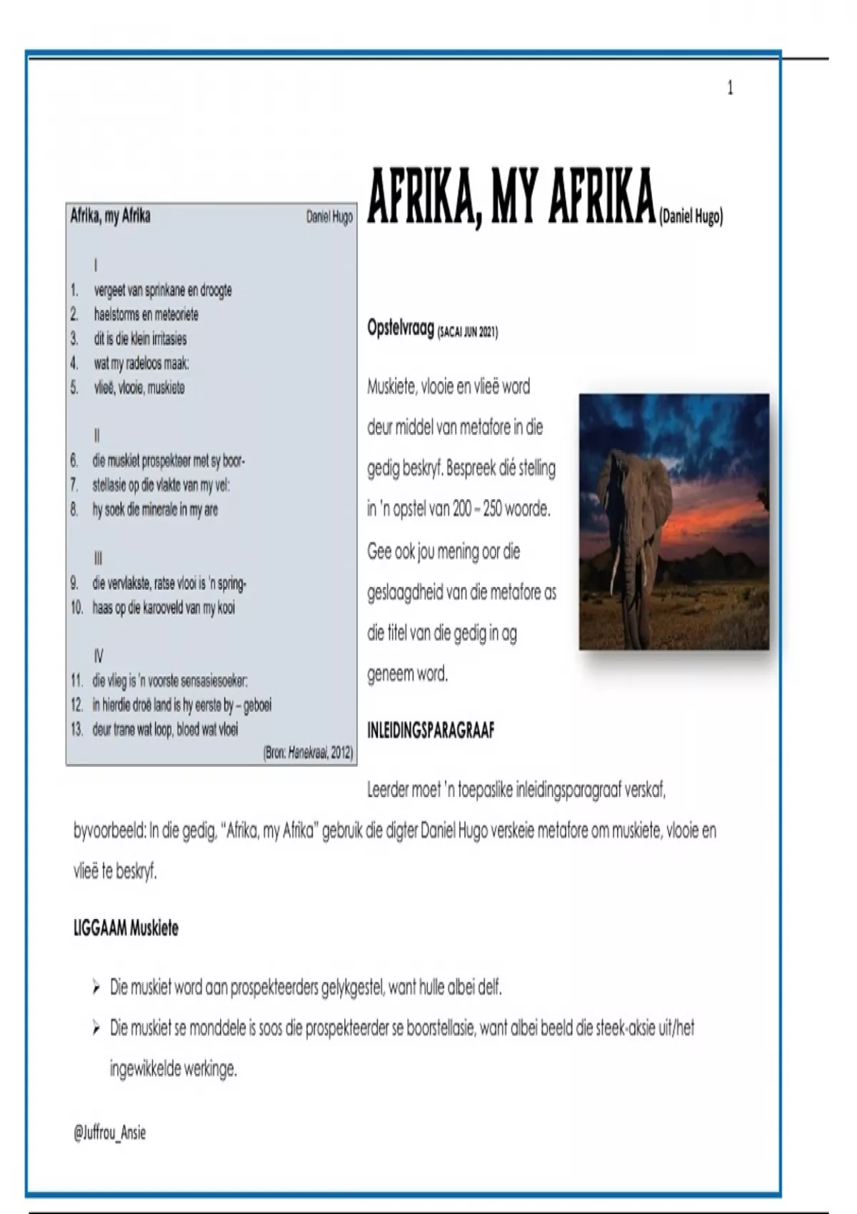 Summary Afrika, my Afrika (Daniel Hugo),@ Juffrou Ansie annaliseer ‘n ...