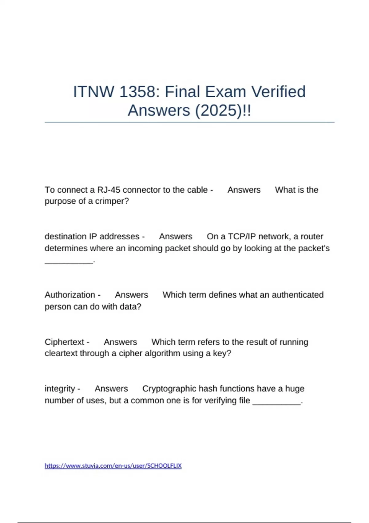 ITNW 1358 Final Exam Verified Answers (2025)!! - ITNW - 1358 - Stuvia US
