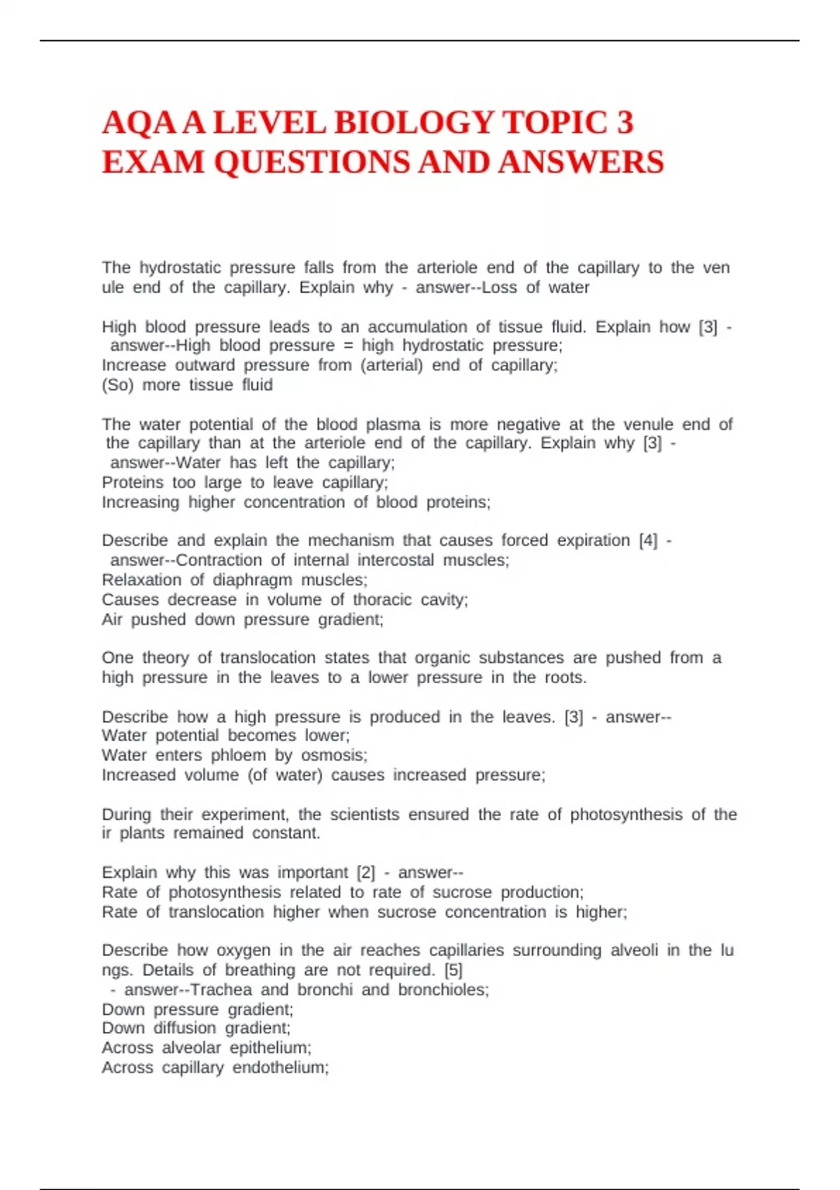 AQA A LEVEL BIOLOGY TOPIC 3 EXAM QUESTIONS AND ANSWERS - 2024_AQA: A ...