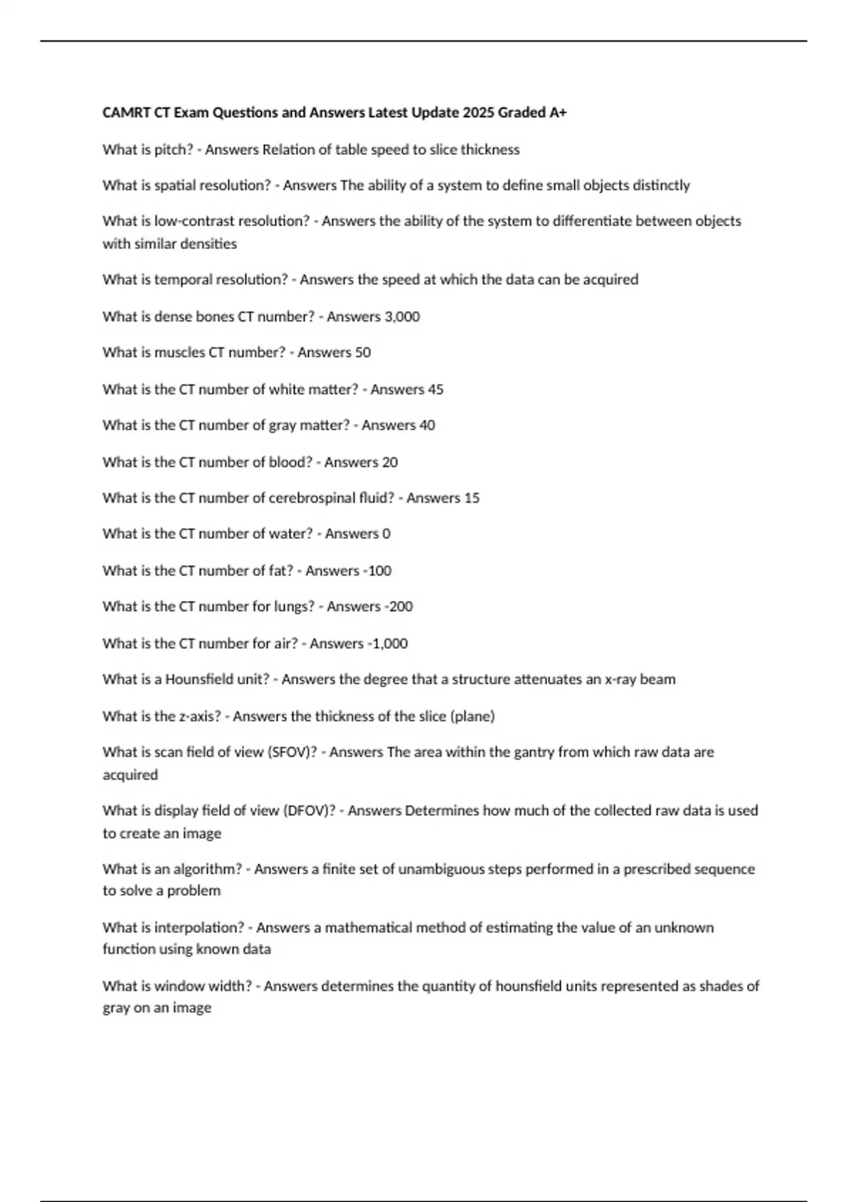 CAMRT CT Exam Questions and Answers Latest Update 2025 Graded A+ ...