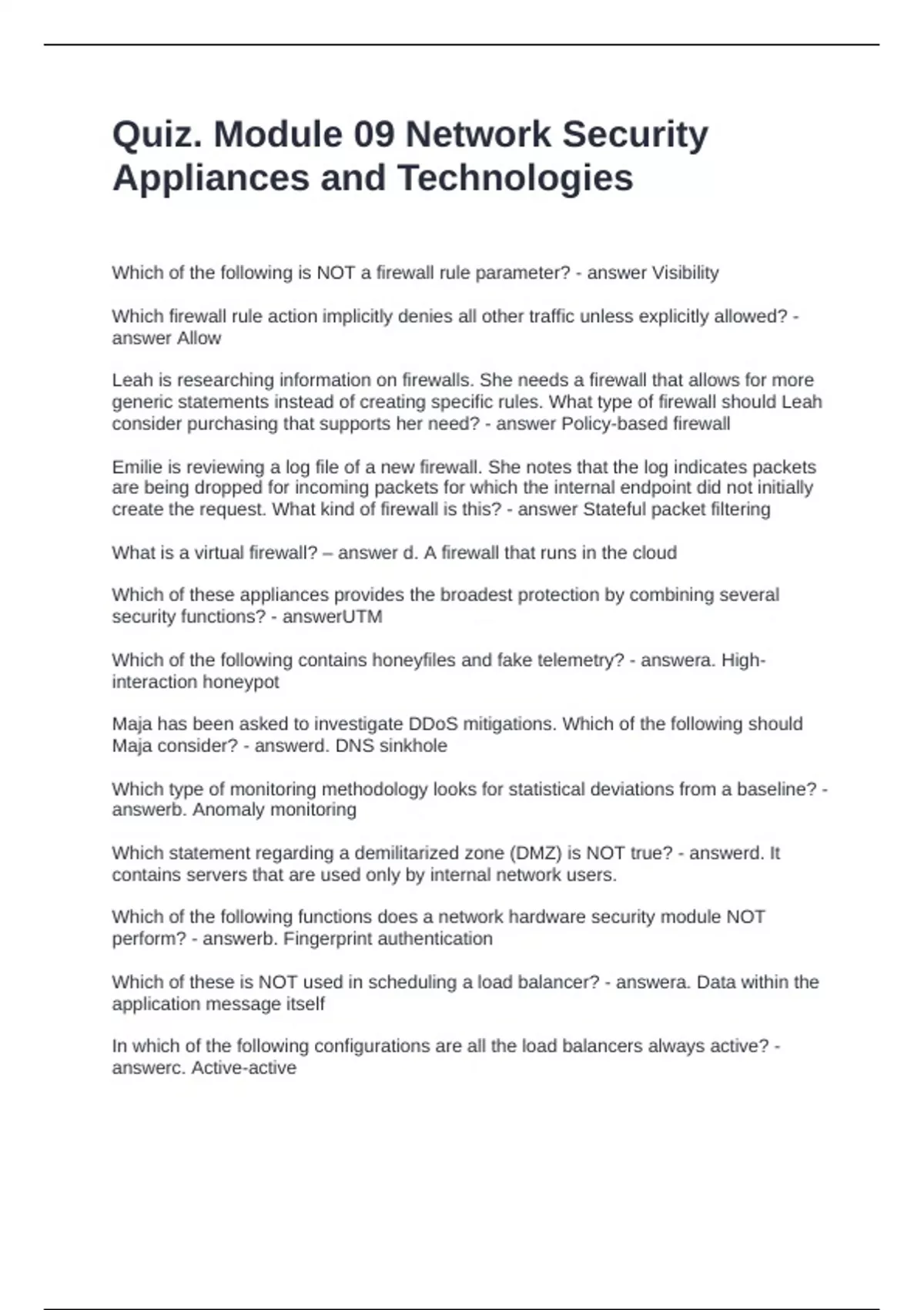 Quiz. Module 09 Network Security Appliances and Technologies Questions ...