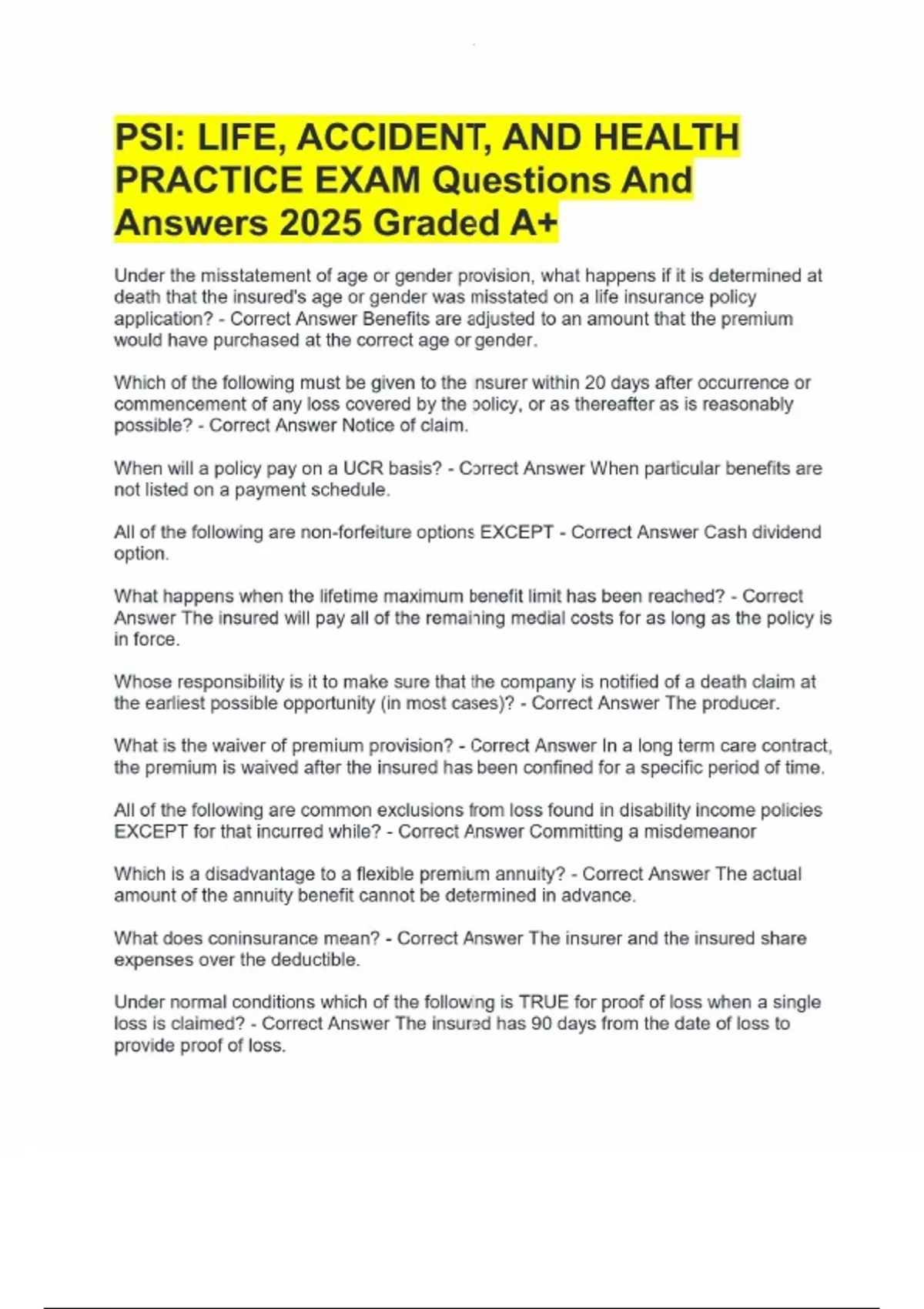 PSI: LIFE, ACCIDENT, AND HEALTH PRACTICE EXAM Questions And Answers ...