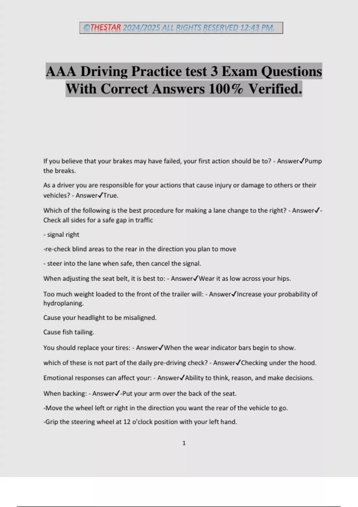 AAA Driving Practice test 3 Exam Questions With Correct Answers 100% ...
