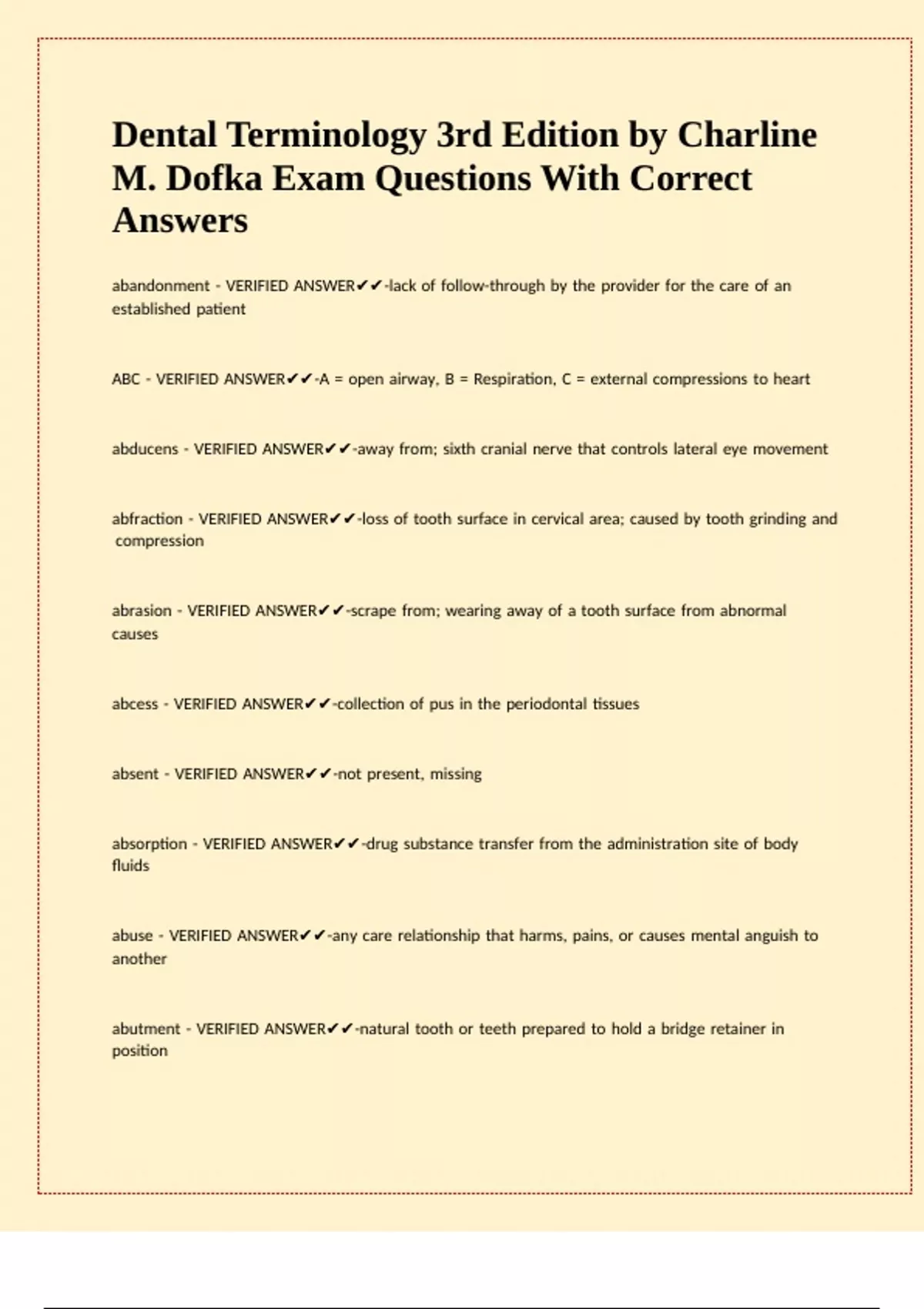 Dental Terminology 3rd Edition by Charline M. Dofka Exam Questions With ...