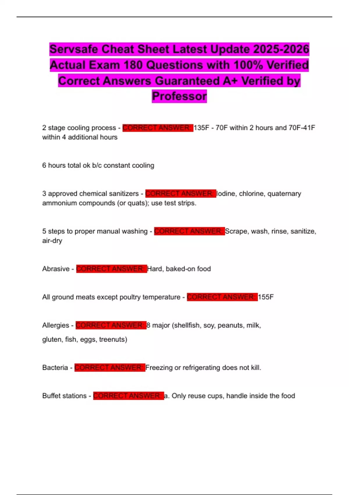 Servsafe Cheat Sheet Latest Update Actual Exam 180 Questions with 100% ...
