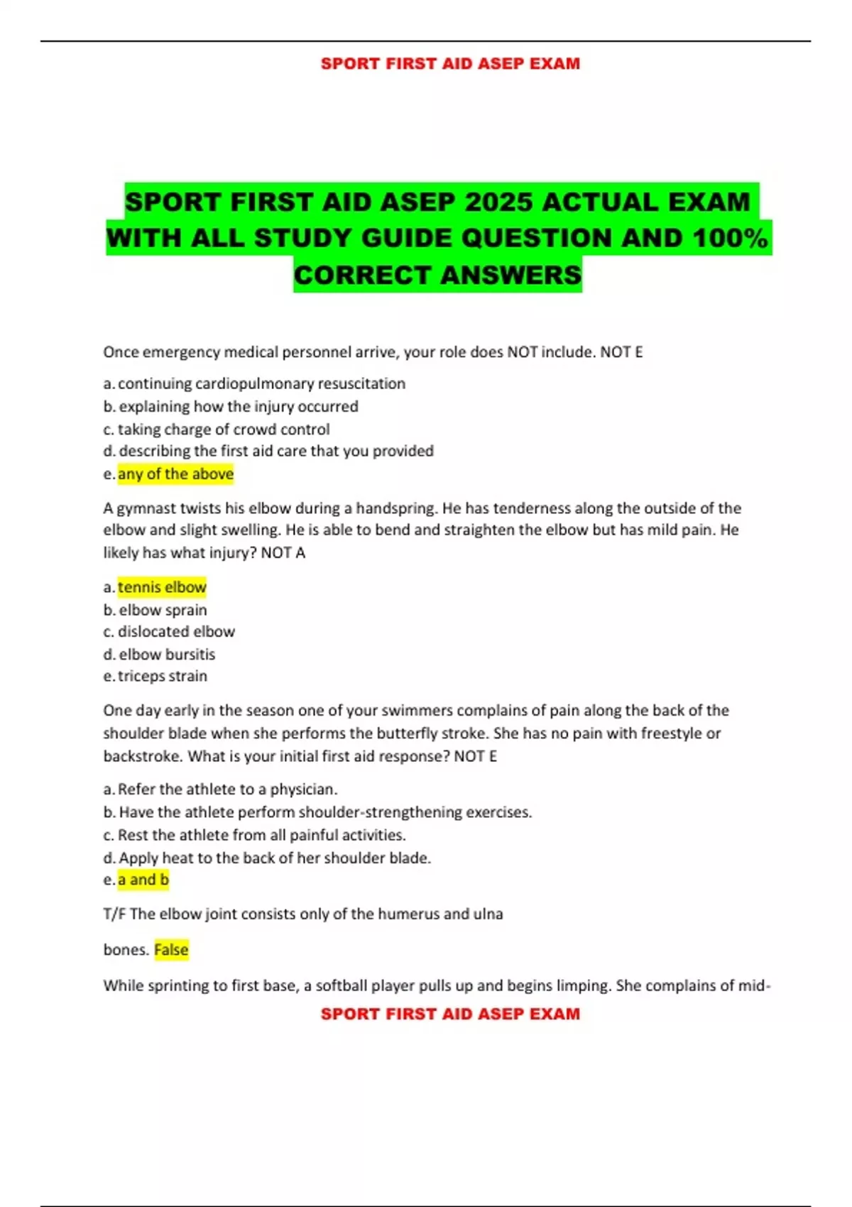 SPORT FIRST AID ASEP 2025 ACTUAL EXAM WITH ALL STUDY GUIDE QUESTION AND 100% CORRECT ANSWERS ...