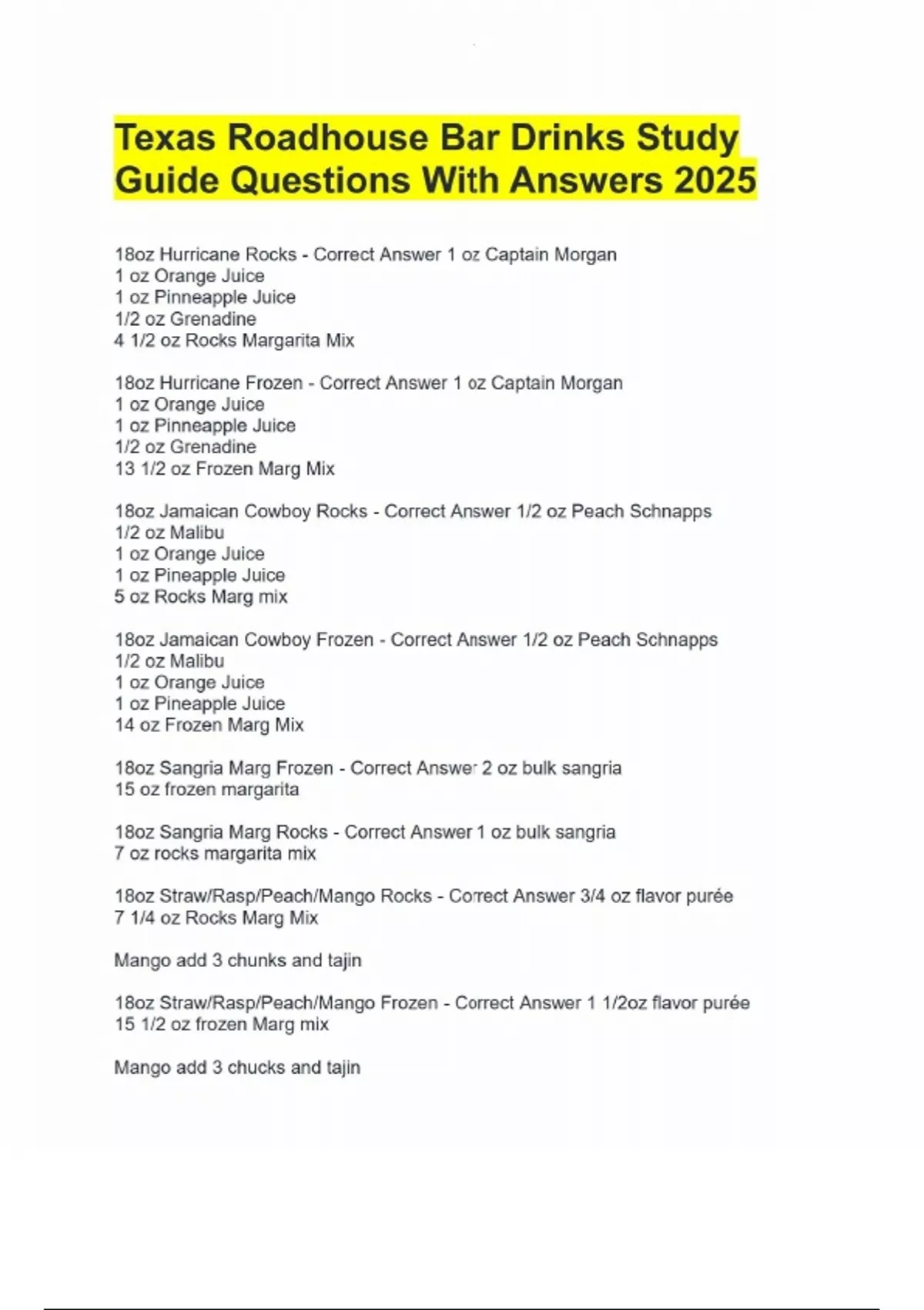 Texas Roadhouse Bar Drinks Study Guide Questions With Answers 2025 ...