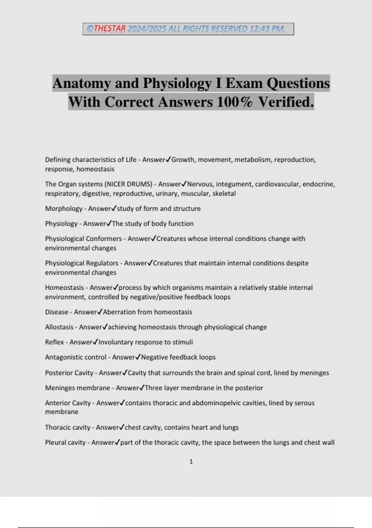 Anatomy and Physiology I Exam Questions With Correct Answers 100% ...