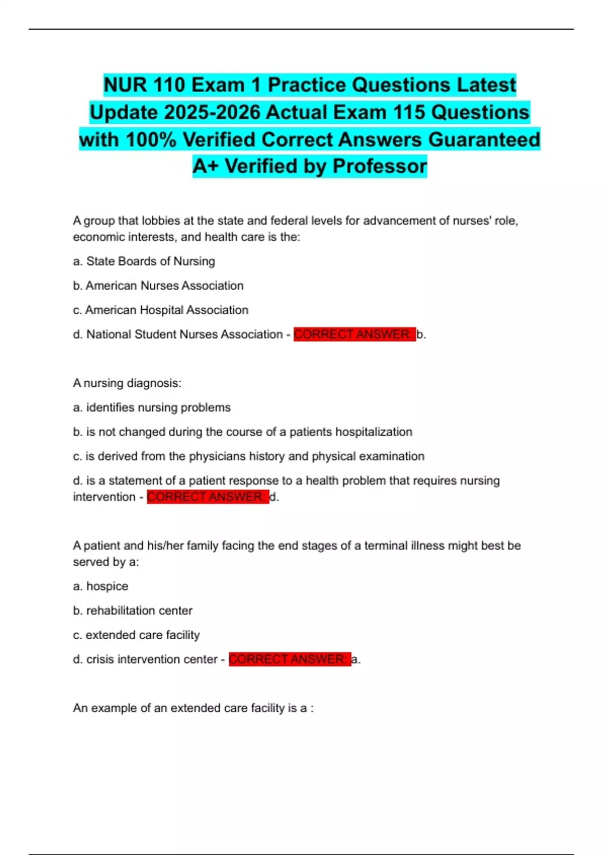 NUR 110 Exam 1 Practice Questions Latest Update Actual Exam 115 ...