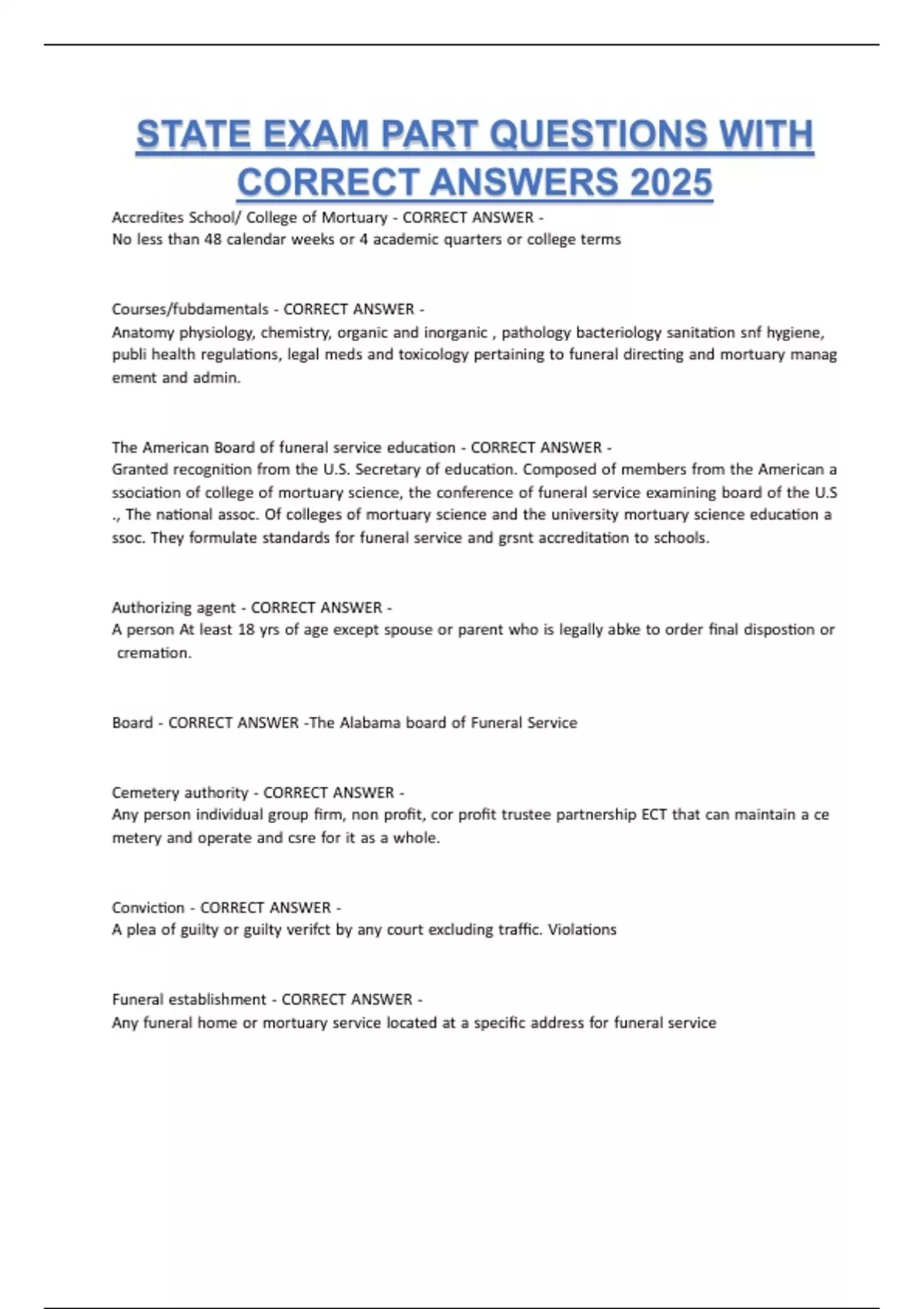 STATE EXAM PART QUESTIONS WITH CORRECT ANSWERS 2025 - ALABAMA BOARD OF ...