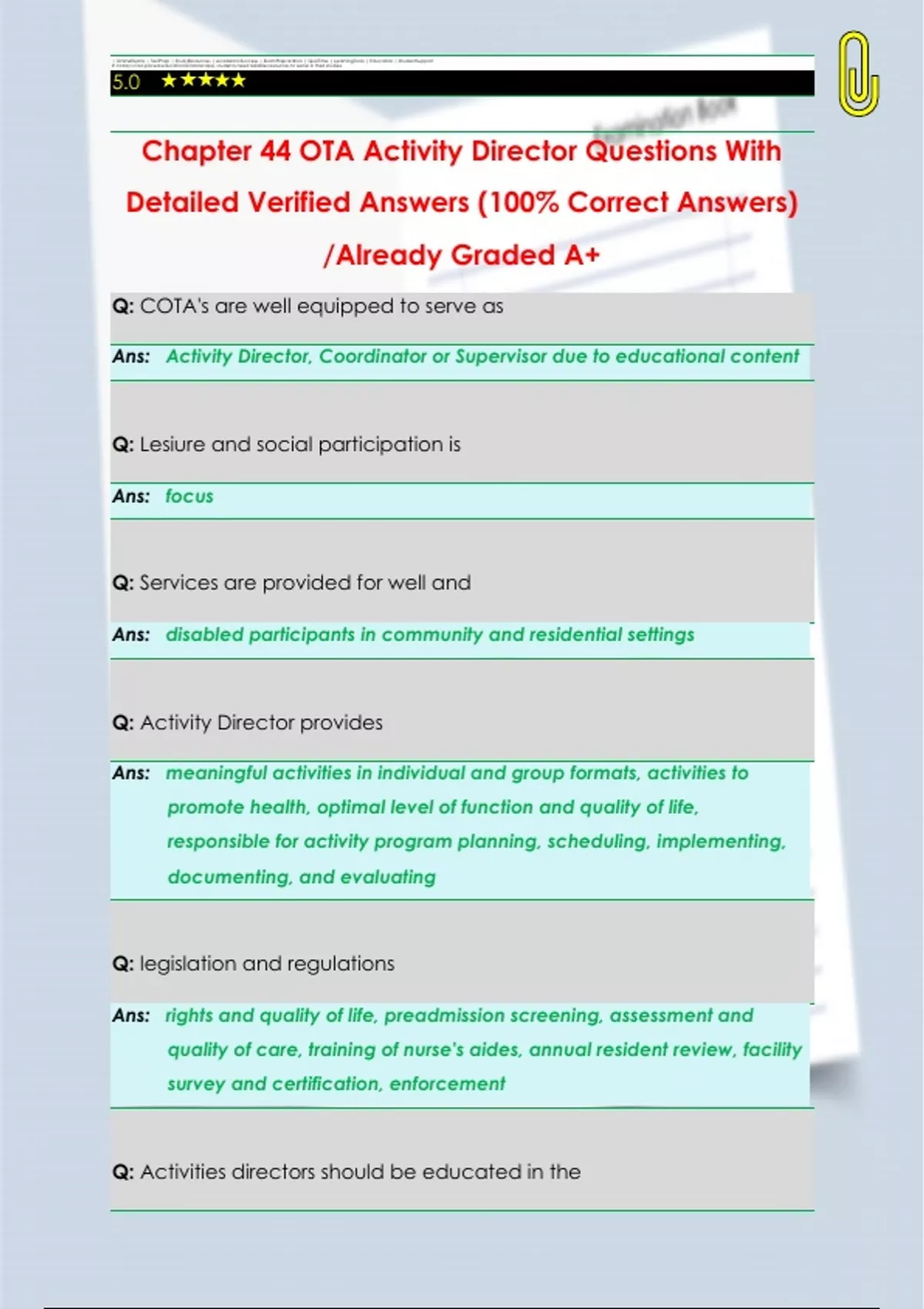 Chapter 44 OTA Activity Director Questions With Detailed Verified ...