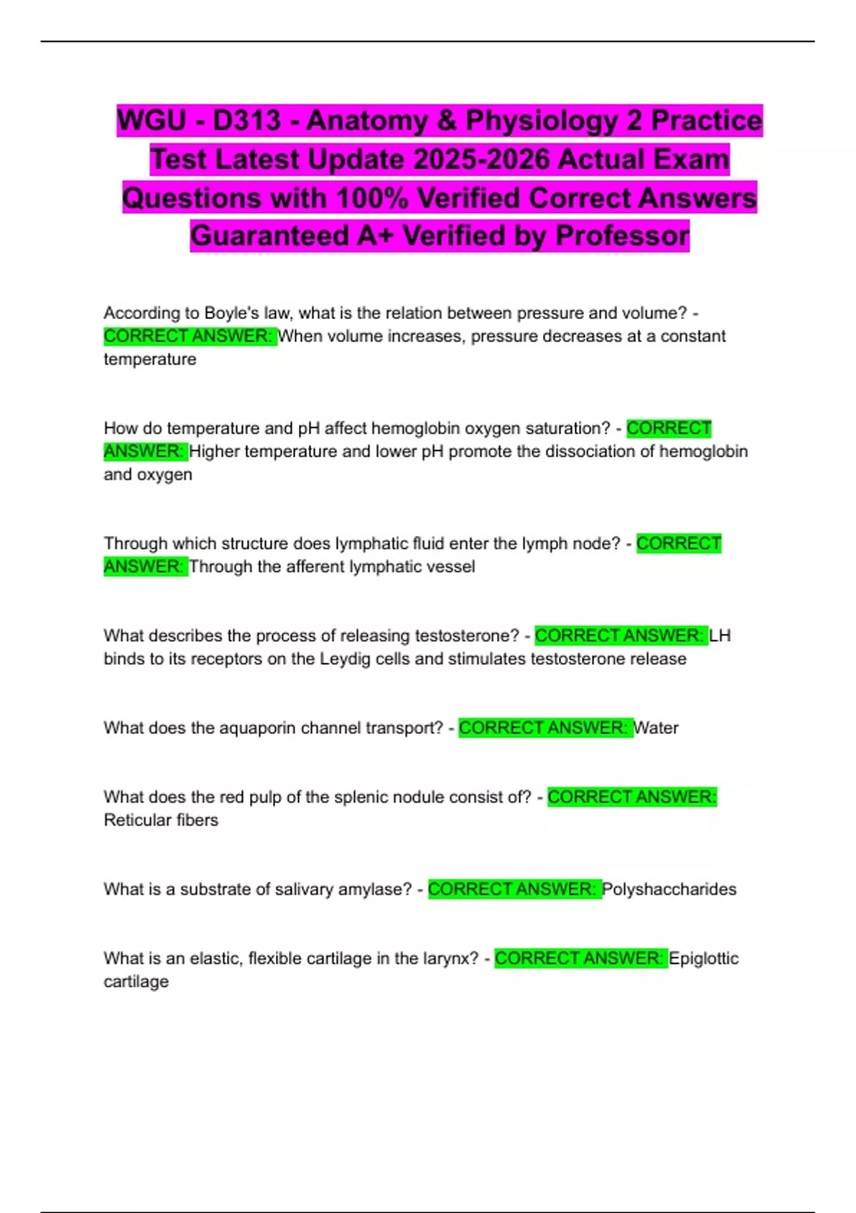 WGU - D313 - Anatomy & Physiology 2 Practice Test Latest Update Actual ...