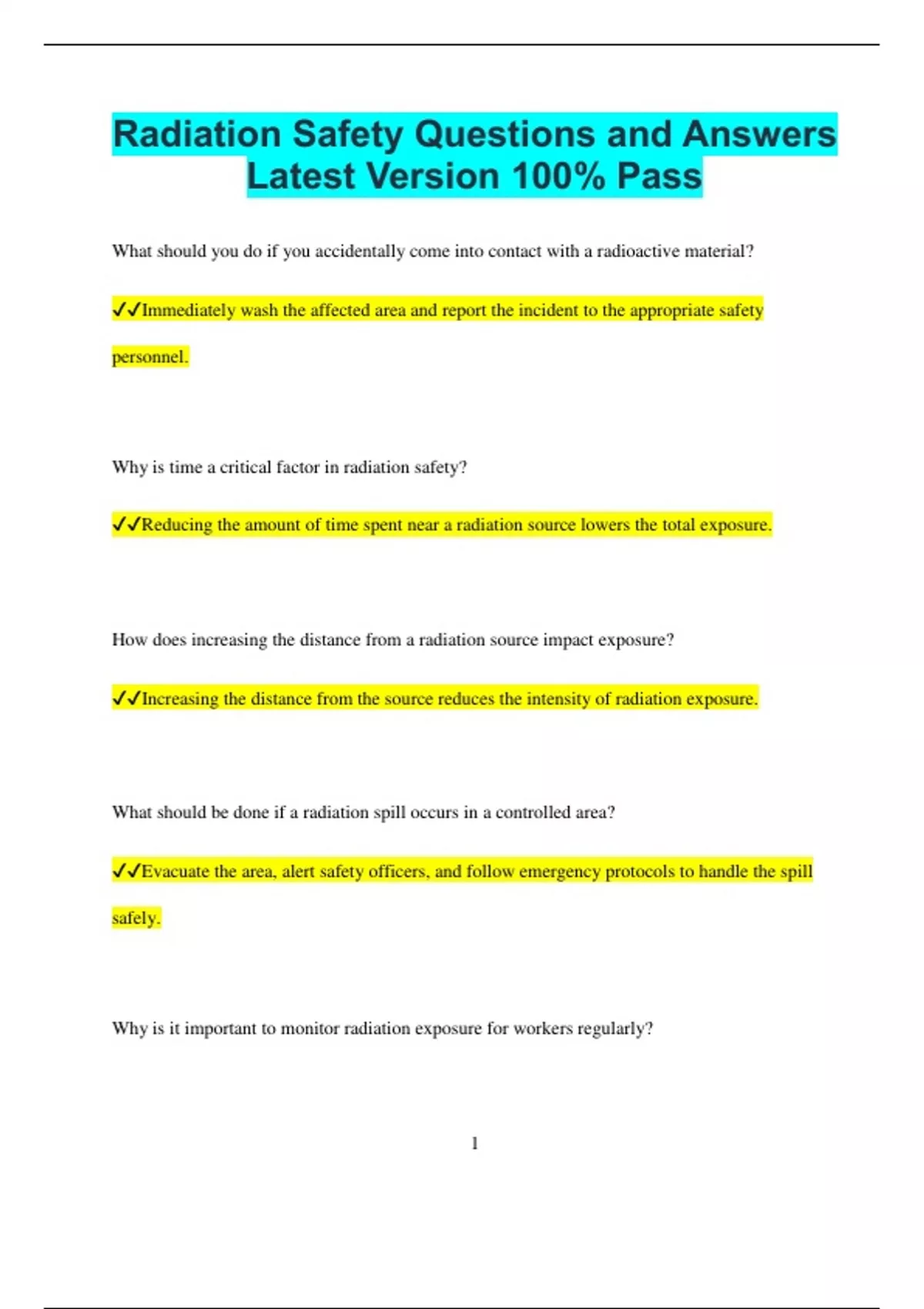 Radiation Safety Questions and Answers Latest Version 100% Pass ...