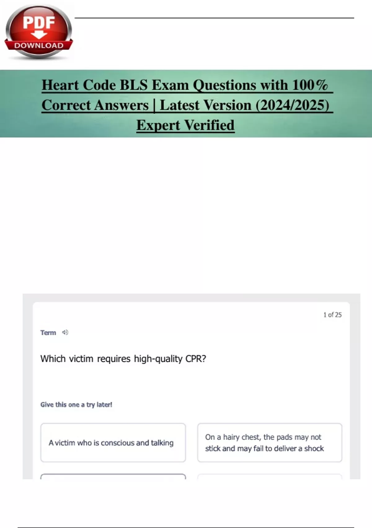 Heart Code BLS Exam Questions with 100% Correct Answers | Latest ...