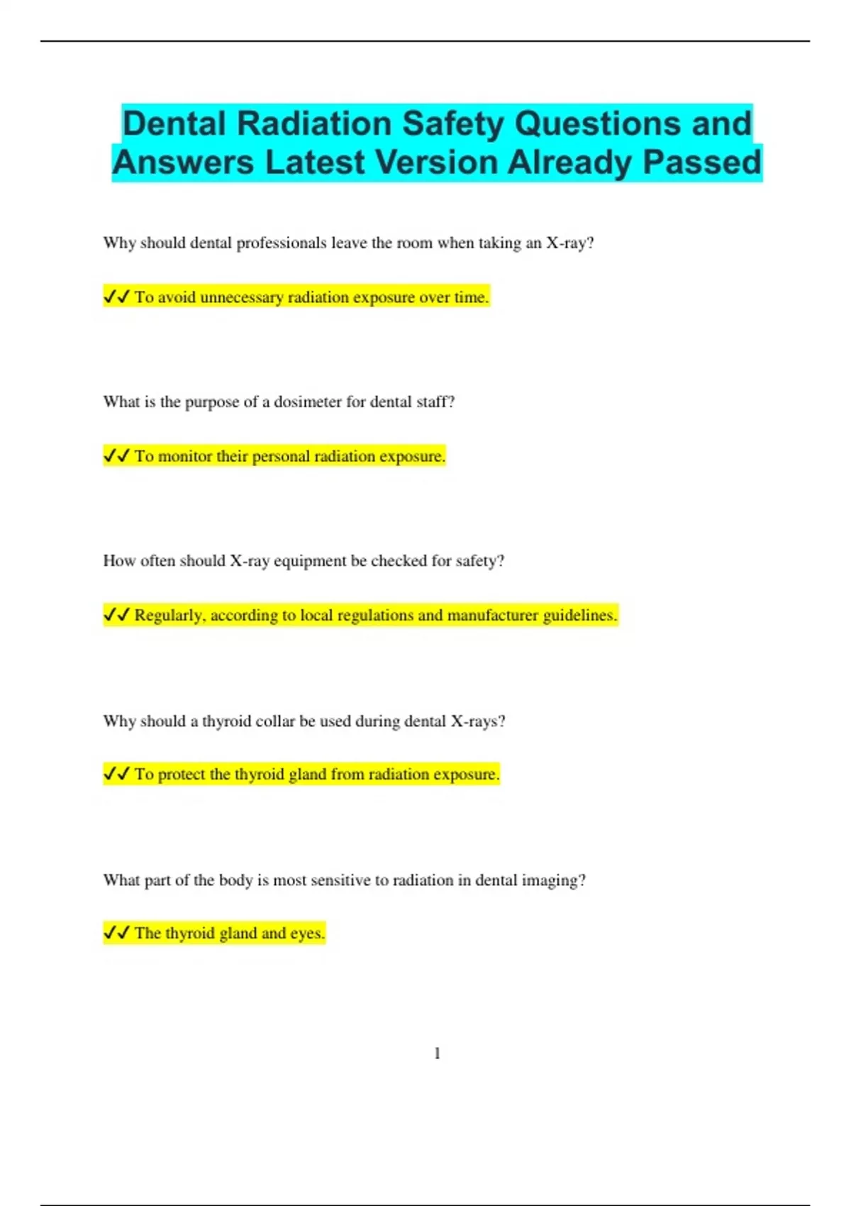 Dental Radiation Safety Questions and Answers Latest Version Already ...