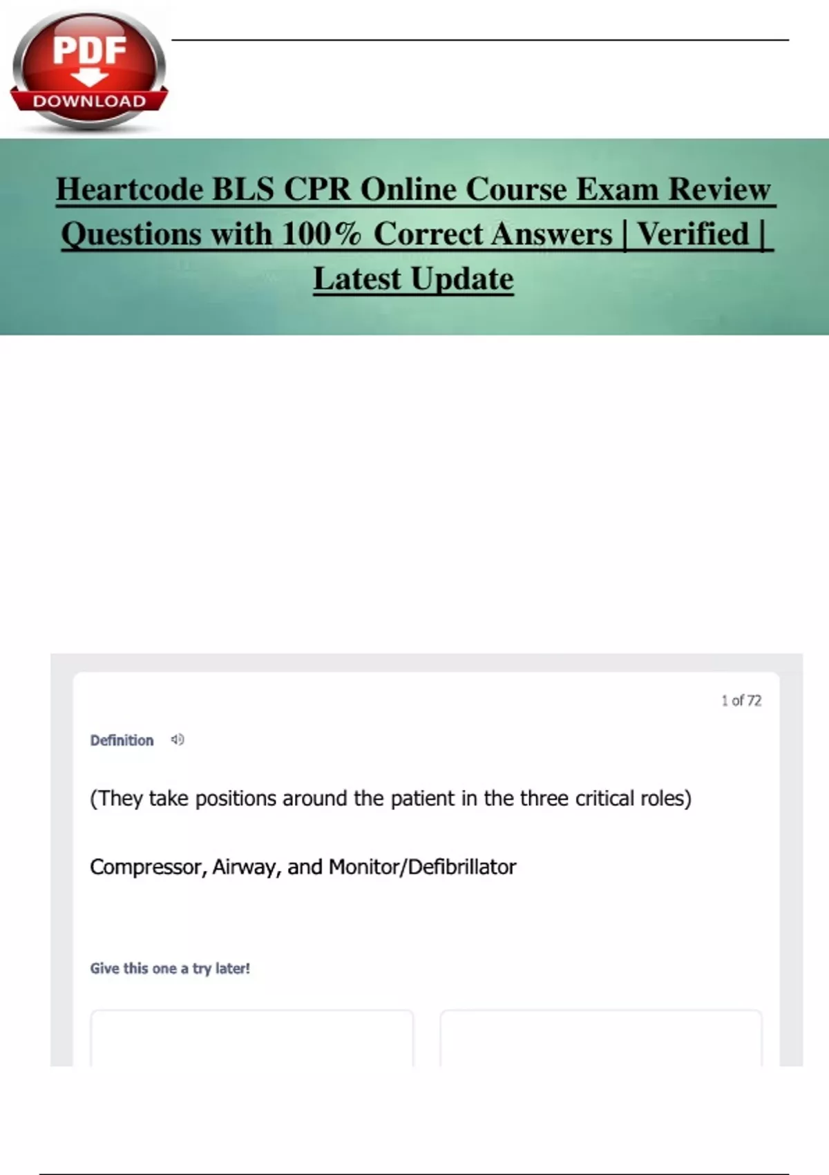 Heartcode BLS CPR Online Course Exam Review Questions with 100% Correct ...