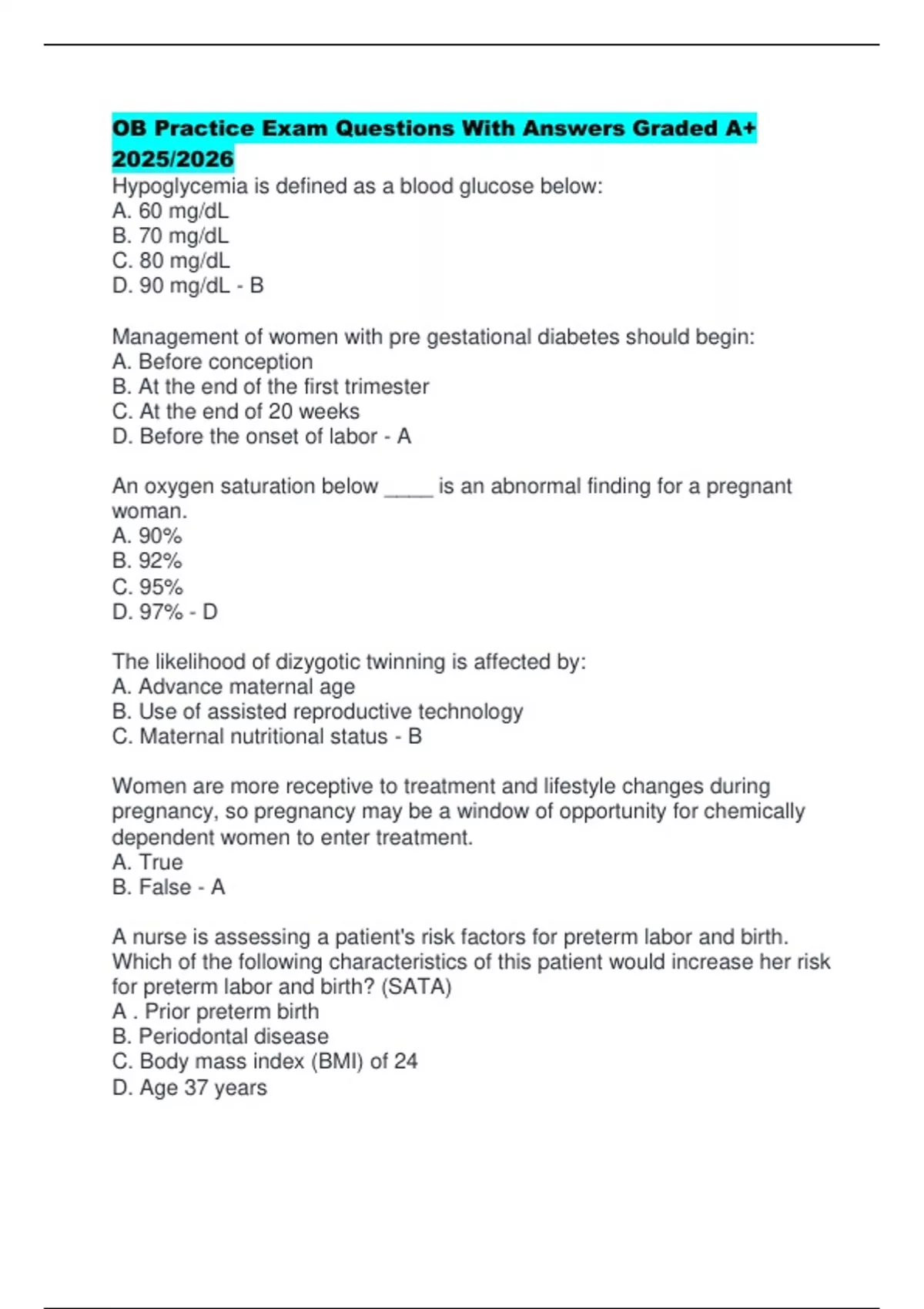 OB Practice Exam Questions With Answers Graded A+ 2025/2026 - OB women ...