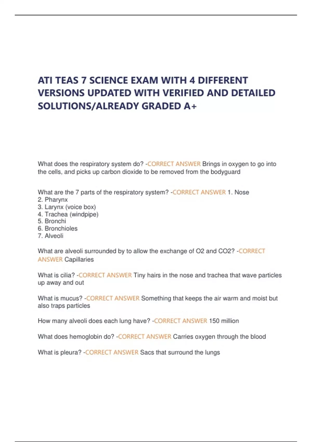 ATI TEAS 7 SCIENCE EXAM WITH 4 DIFFERENT VERSIONS UPDATED WITH VERIFIED ...
