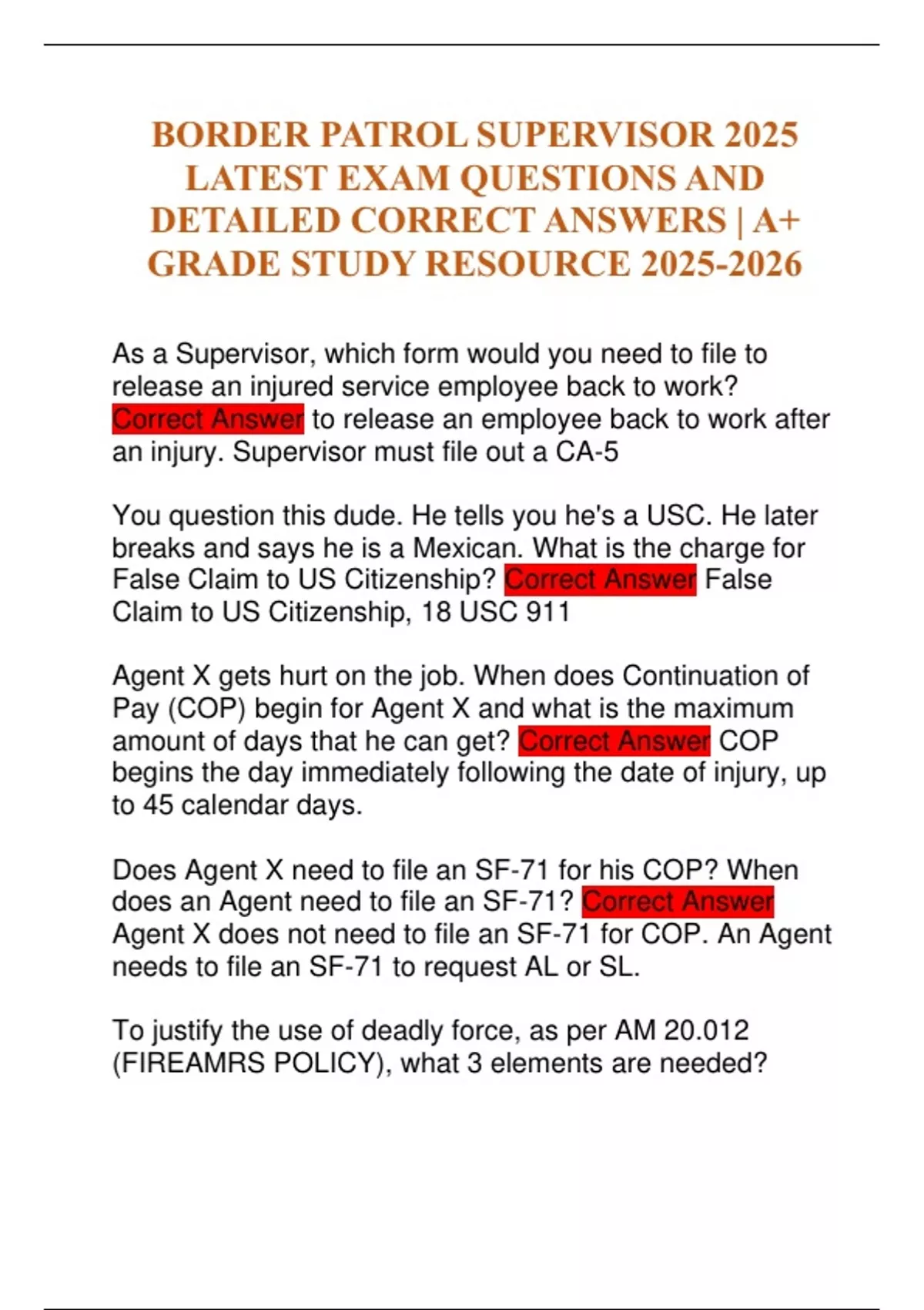 BORDER PATROL SUPERVISOR 2025 LATEST EXAM QUESTIONS AND DETAILED ...