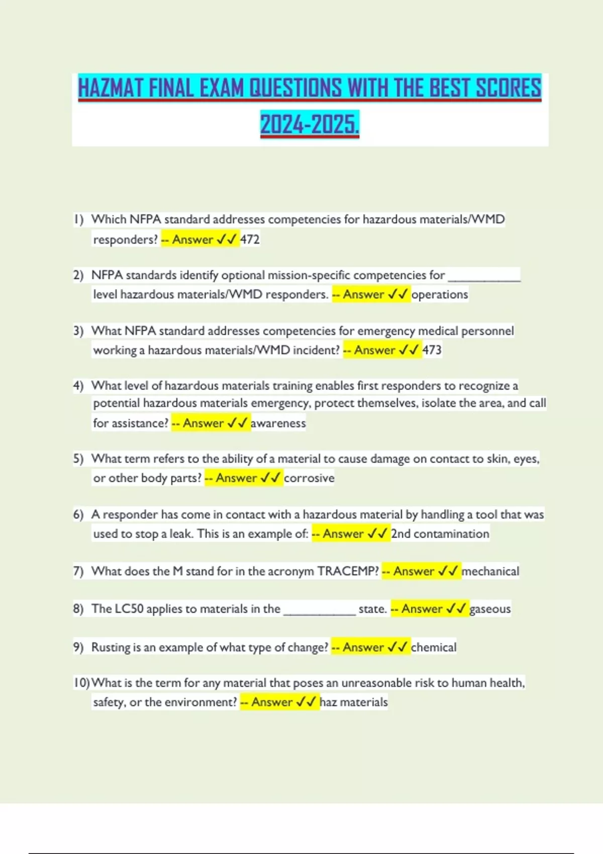 HAZMAT FINAL EXAM QUESTIONS WITH THE BEST SCORES - Hazmat - Stuvia US