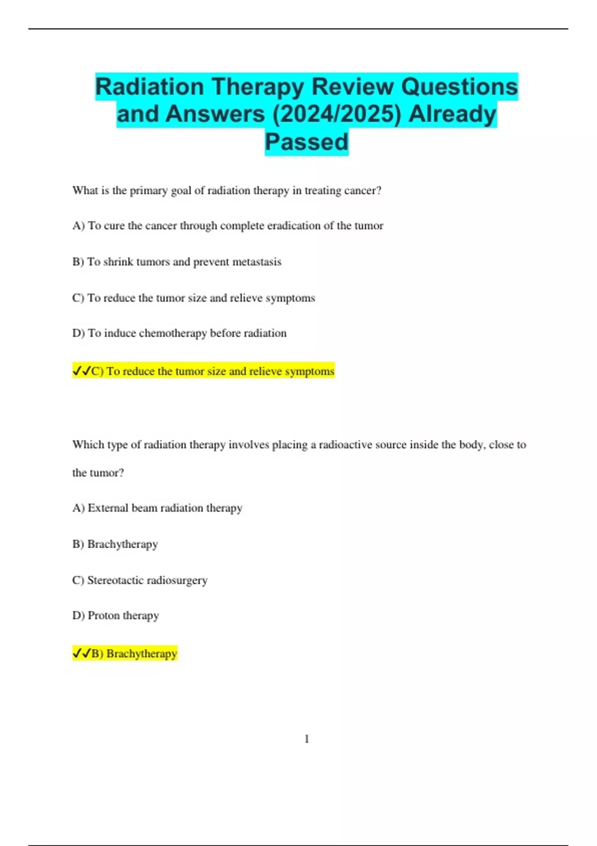 Radiation Therapy Review Questions and Answers (2024/2025) Already ...