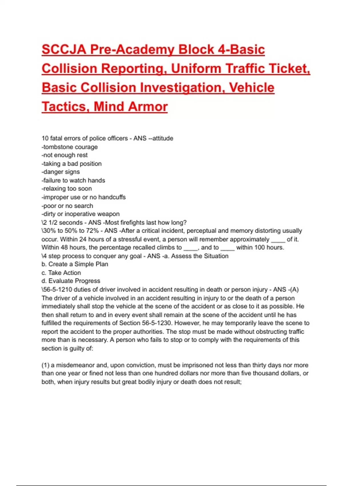 SCCJA Pre-Academy Block 4-Basic Collision Reporting, Uniform Traffic Ticket, Basic Collision ...
