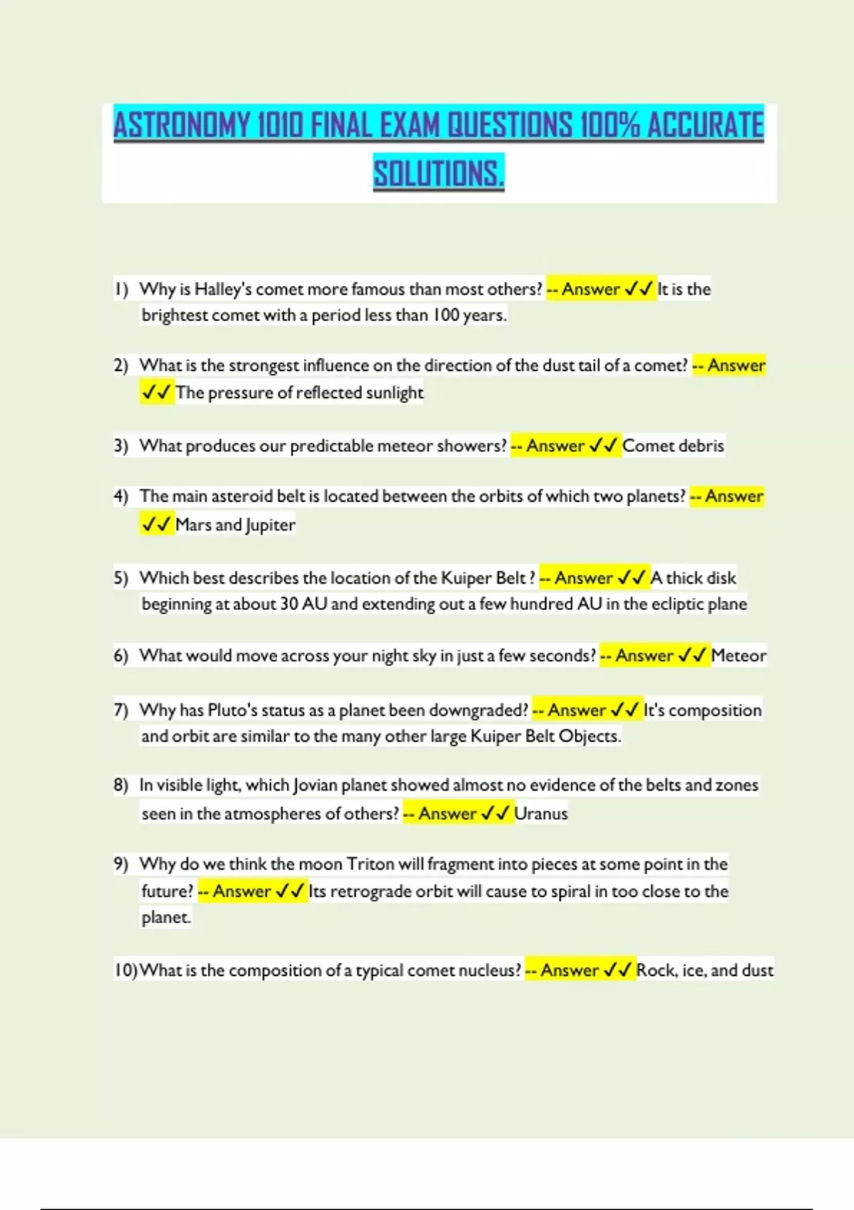 ASTRONOMY 1010 FINAL EXAM QUESTIONS 100% ACCURATE SOLUTIONS - Astronomy ...