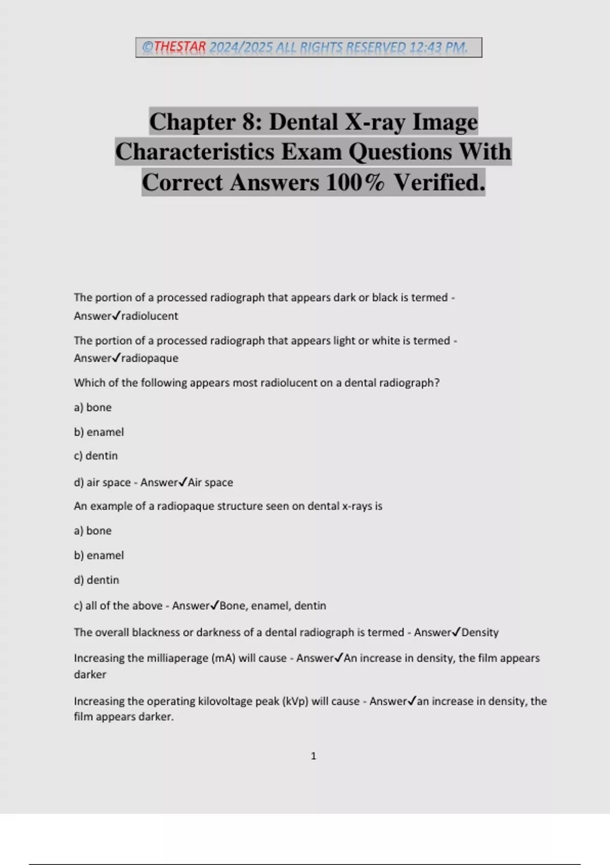 Chapter 8: Dental X-ray Image Characteristics Exam Questions With ...