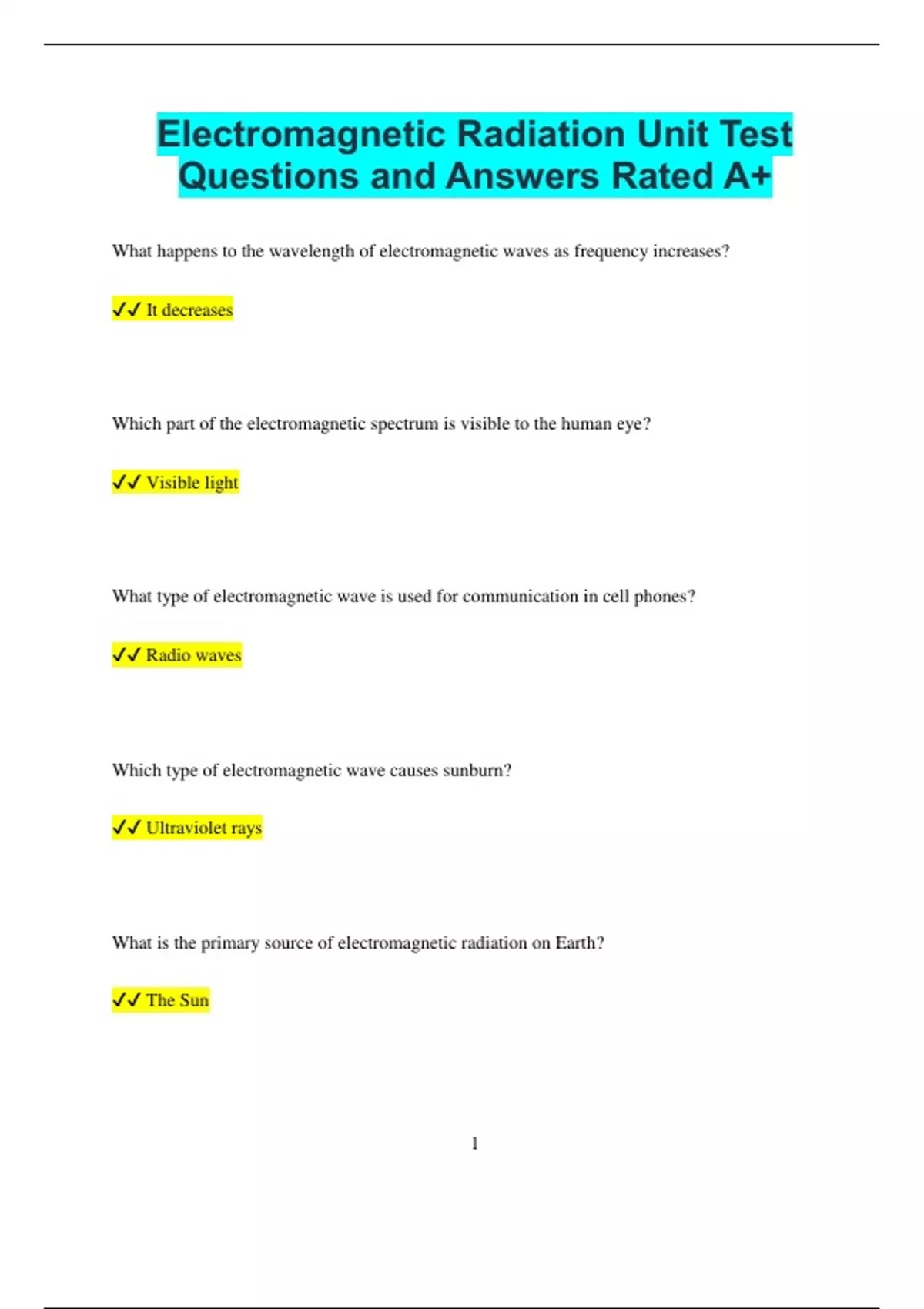 Electromagnetic Radiation Unit Test Questions and Answers Rated A+ ...