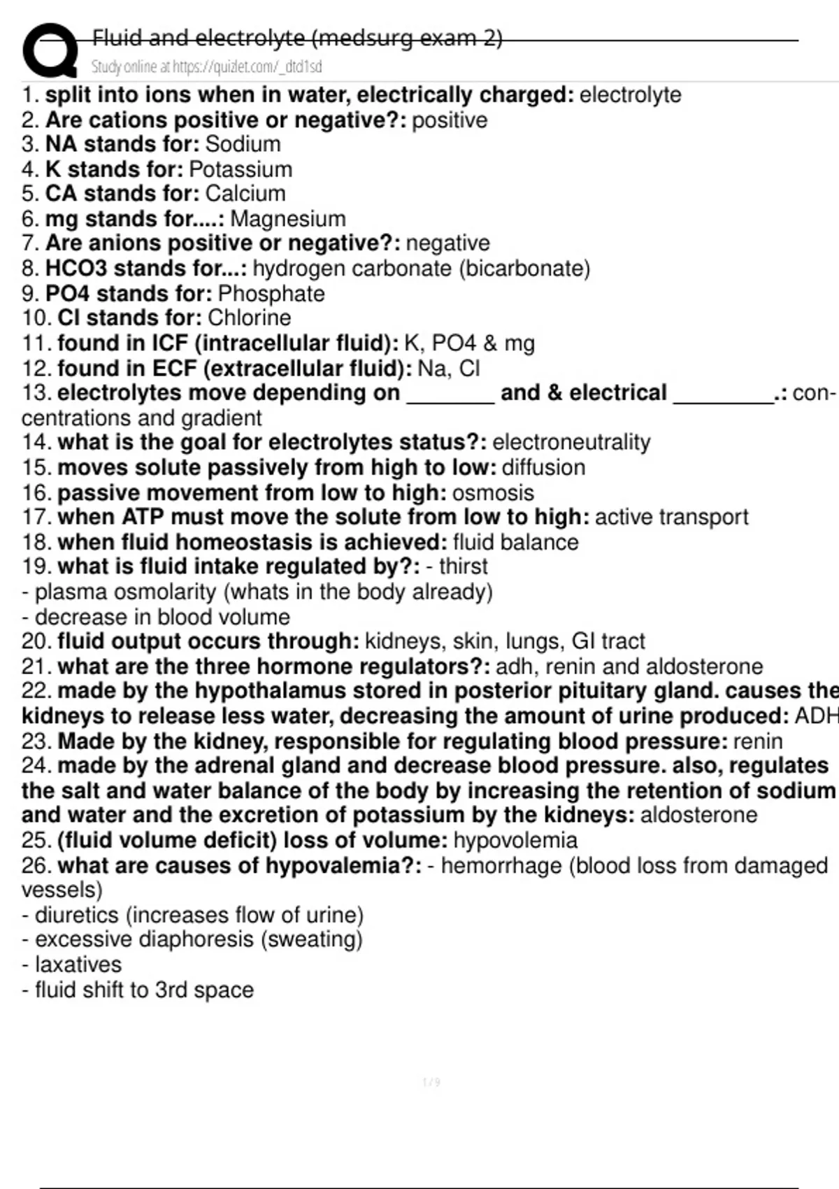 Medical-Surgical Nursing Concepts Exam 2. Fluid And Electrolyte ...