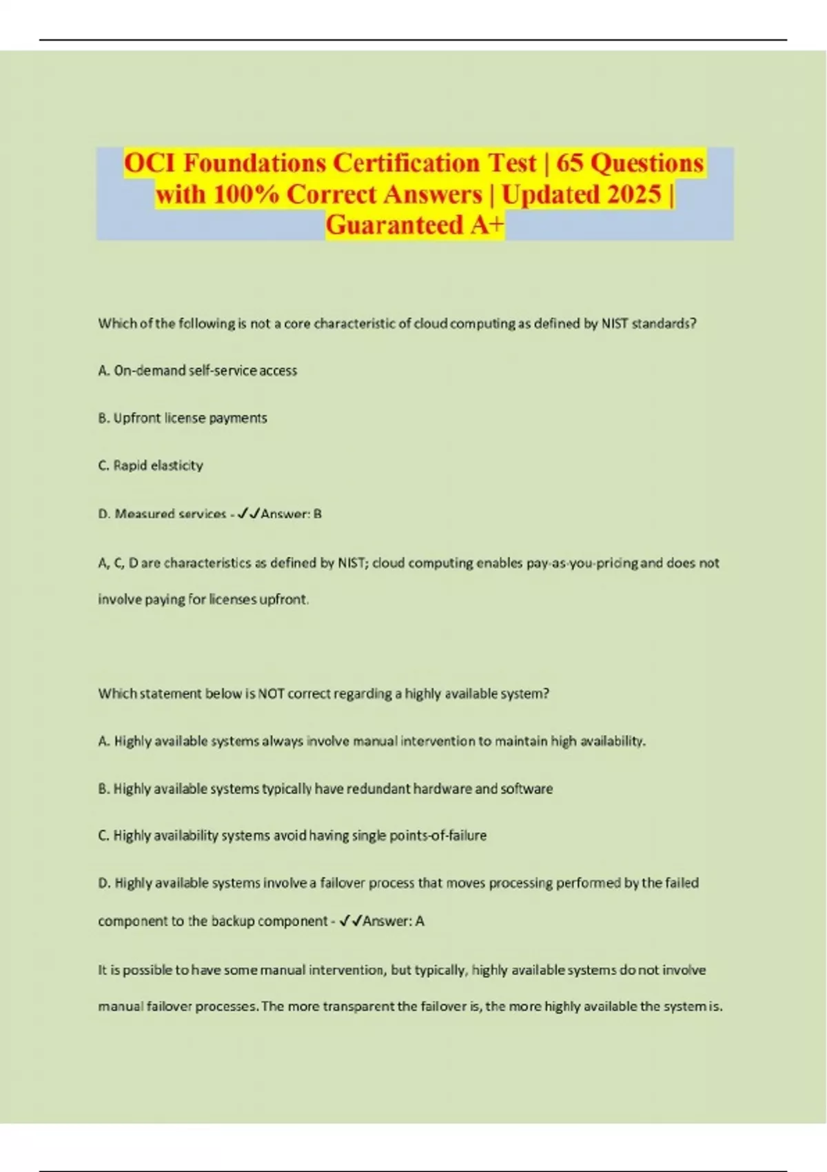 OCI Foundations Certification Test | 65 Questions with 100% Correct ...