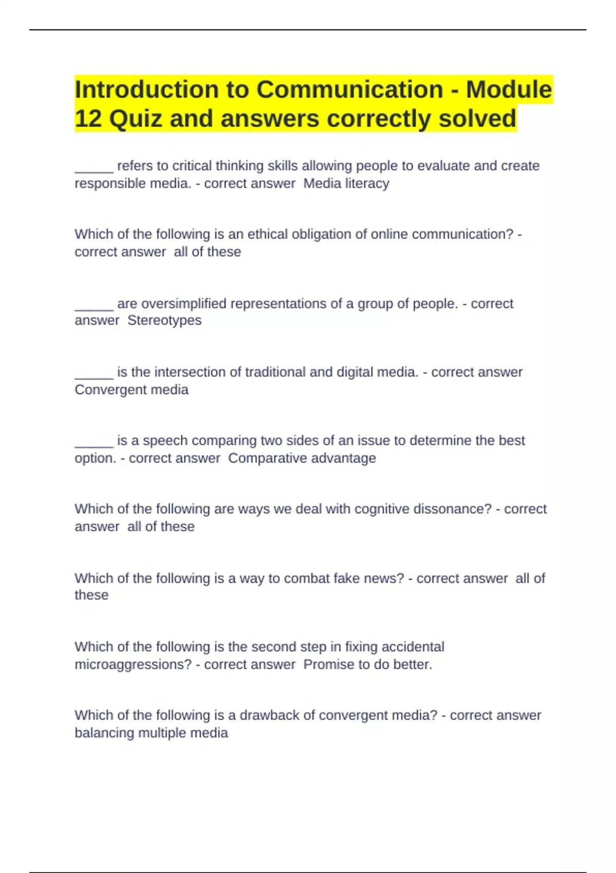 Introduction to Communication - Module 12 Quiz and answers correctly ...