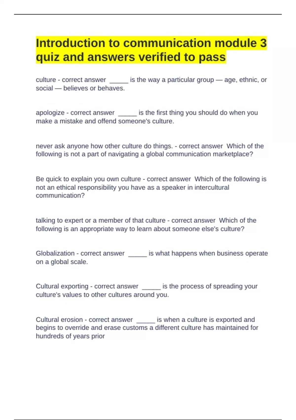 Introduction to communication module 3 quiz and answers verified to ...
